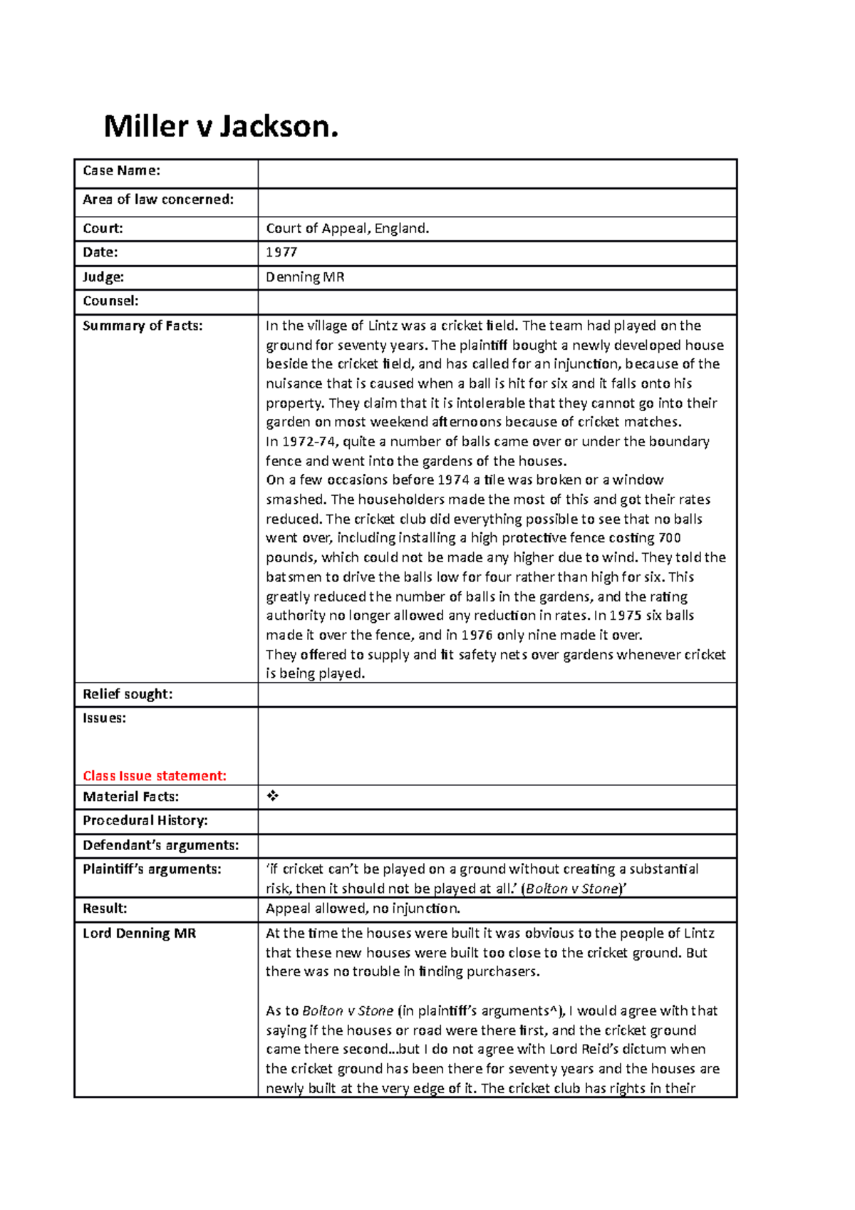 Miller v Jackson - Comprehensive Brief on Nuisance Case Law Analysis ...