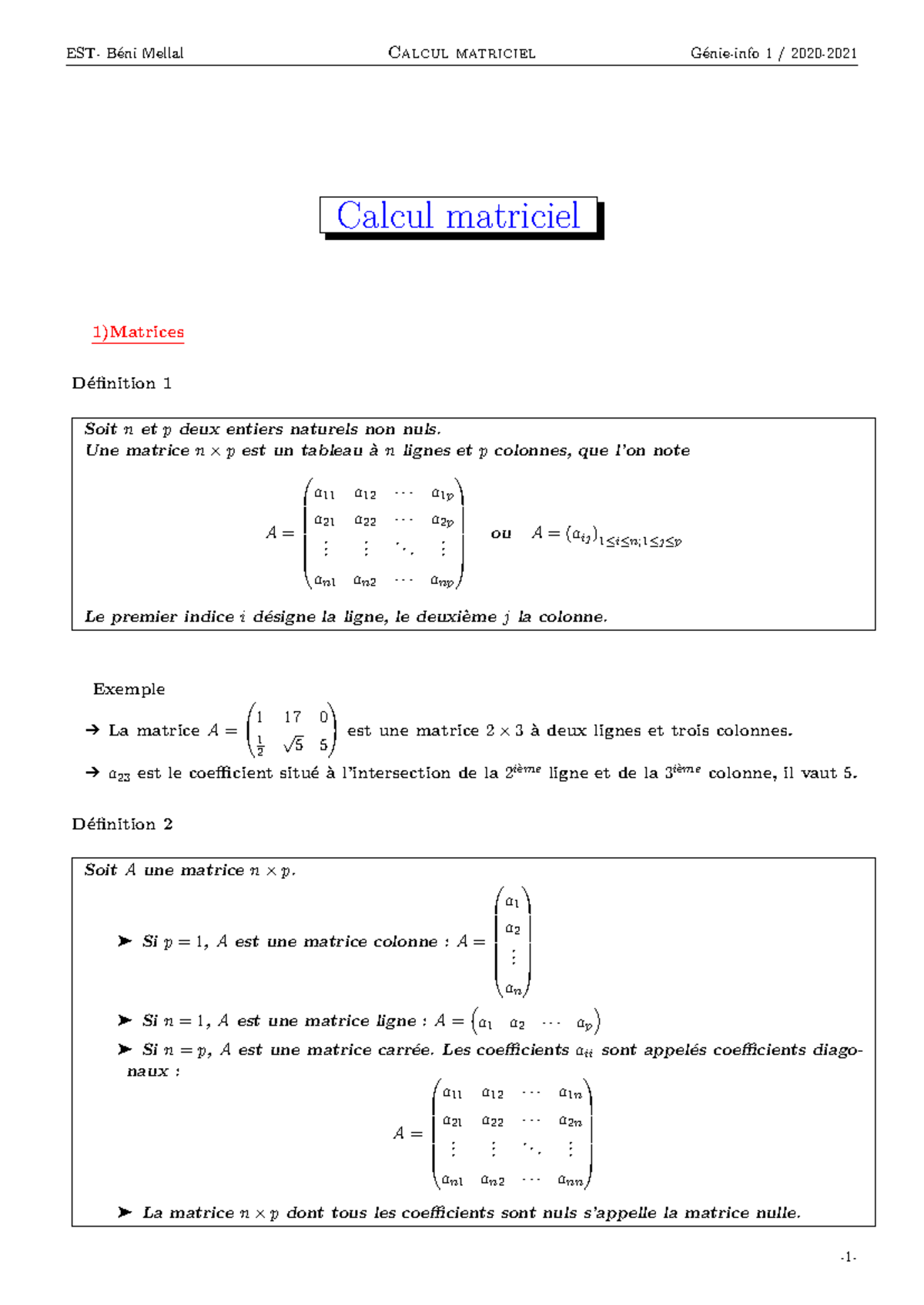 Calcul Matriciel - Matrices, Déterminants et Matrices Inversibles - Studocu