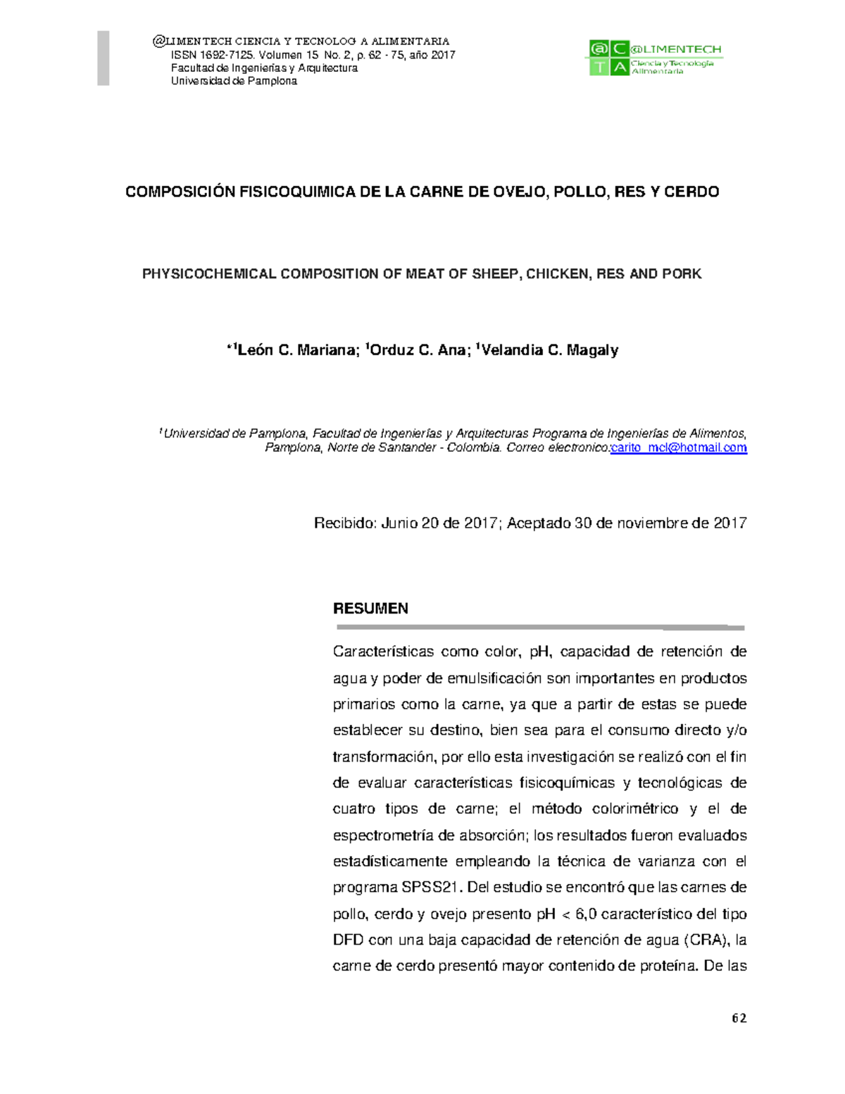 Estudio de la Composición Fisicoquímica de Carnes: Ovejo, Pollo, Res y ...