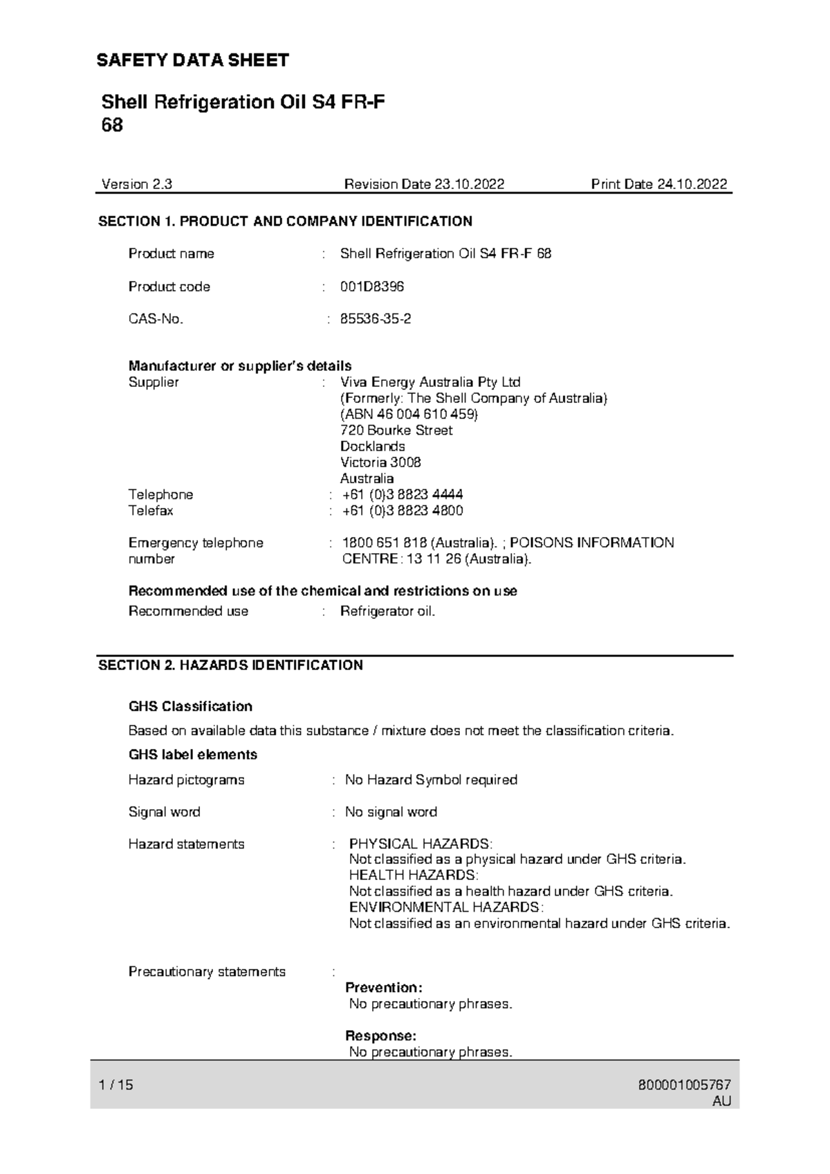 SAFETY DATA SHEET: Shell Refrigeration Oil S4 68 (Version 2.3) - Studocu