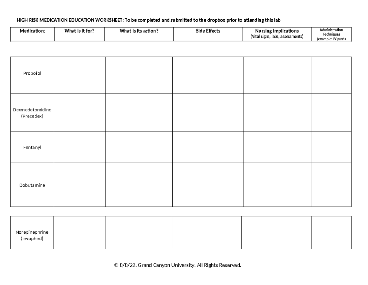 NSG 430 Medication Education & Administration Techniques Worksheet ...