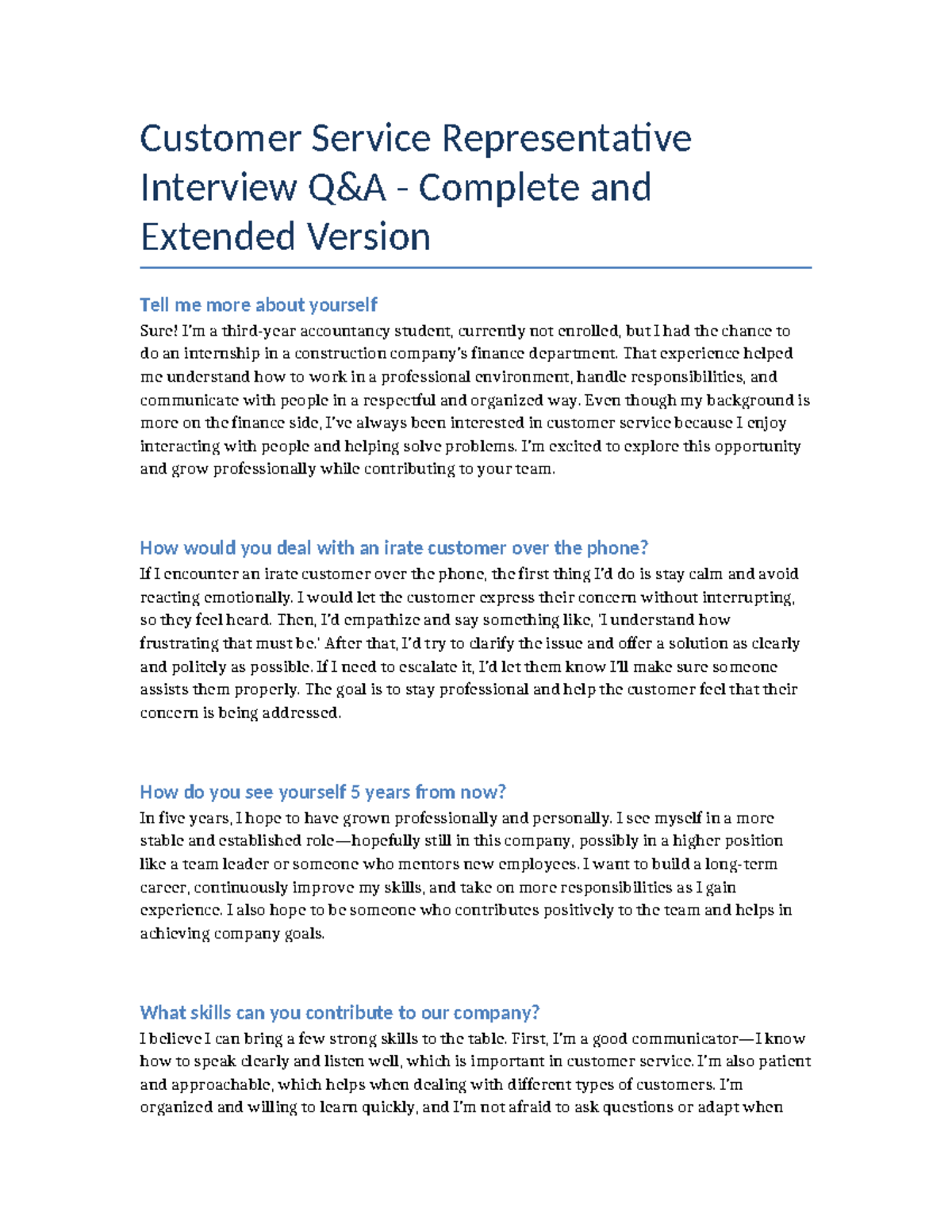 CSR Interview QA Extended Final - Customer Service Representative ...