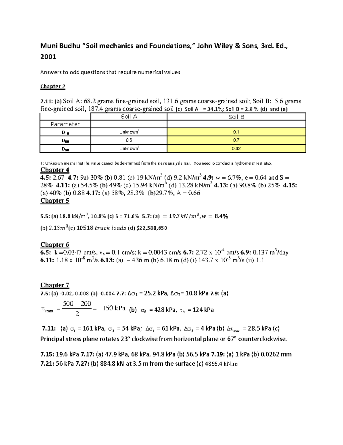 Budhu Soil Mechanics & Foundations Answer Key for Chapters 2-13 - Studocu