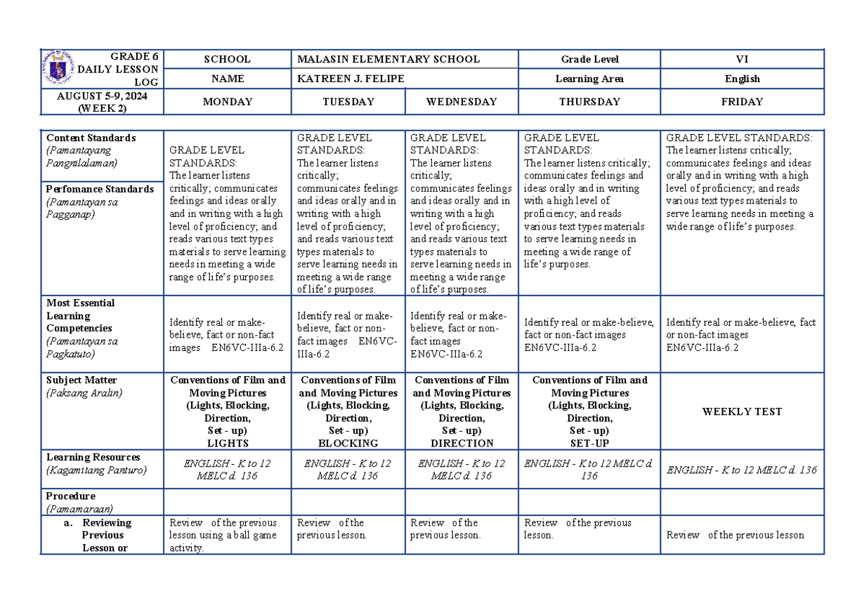W2 DLL - ENG 6 - Grade 6 English Daily Lesson Log - Studocu