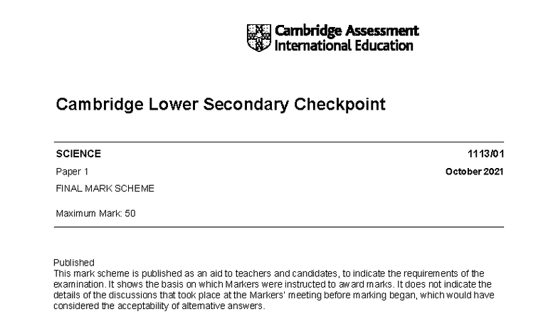 Cambridge Lower Secondary Checkpoint SCIENCE 10 1113 01 Mark Scheme Oct ...