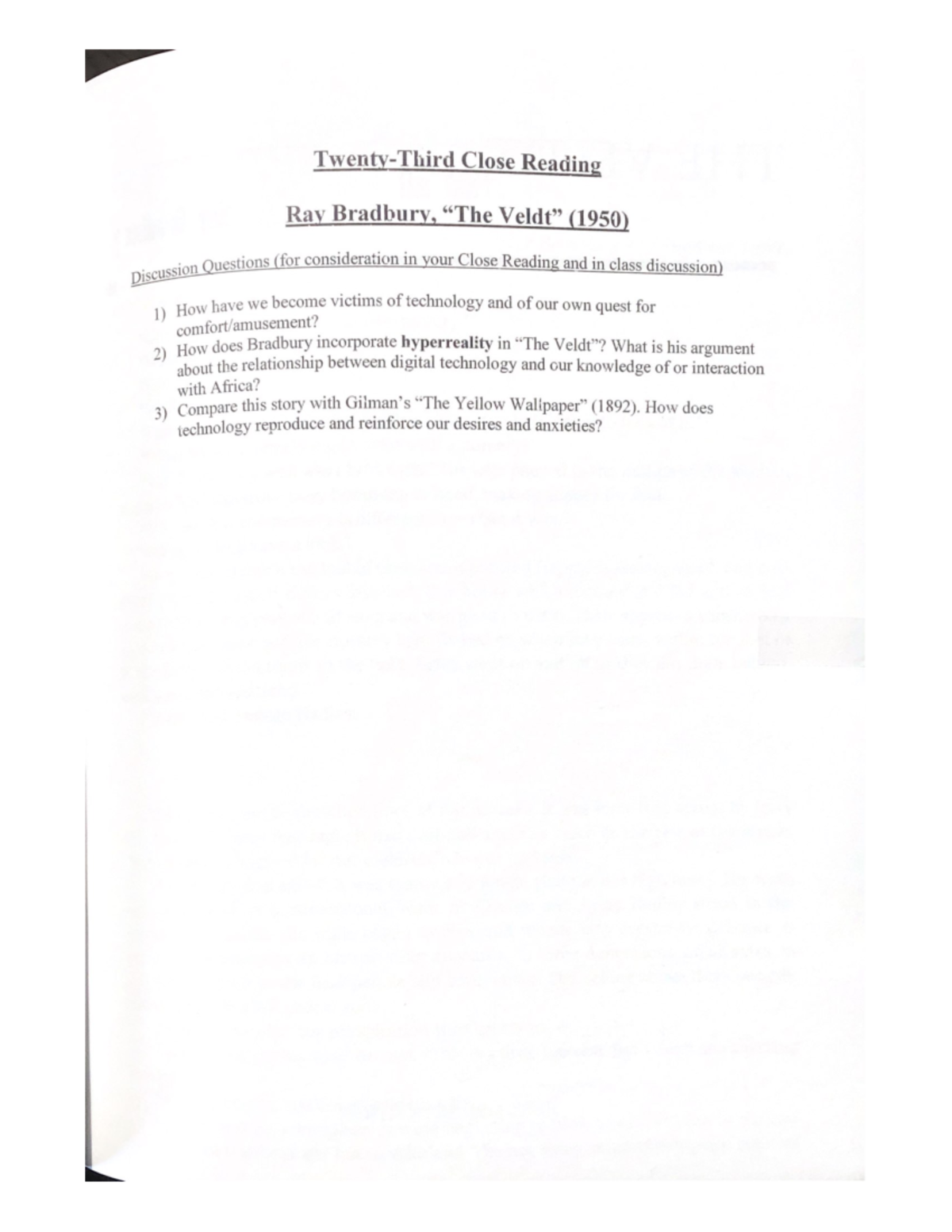 the veldt - ray bradbury - Close Reading Ray Bradbury, (1950 ...