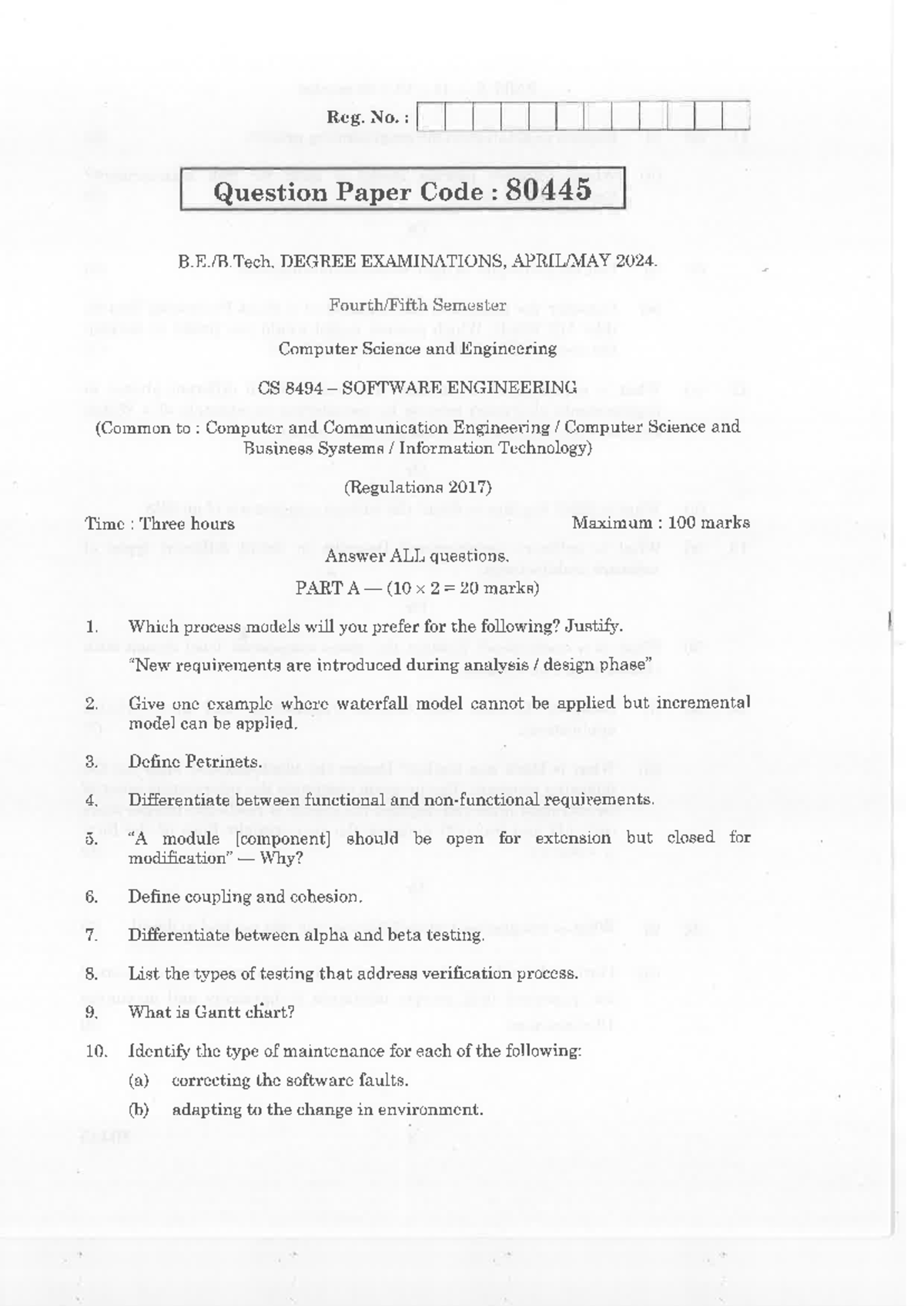 Question Paper CS 8494: Software Engineering Exam - 2024 - Studocu