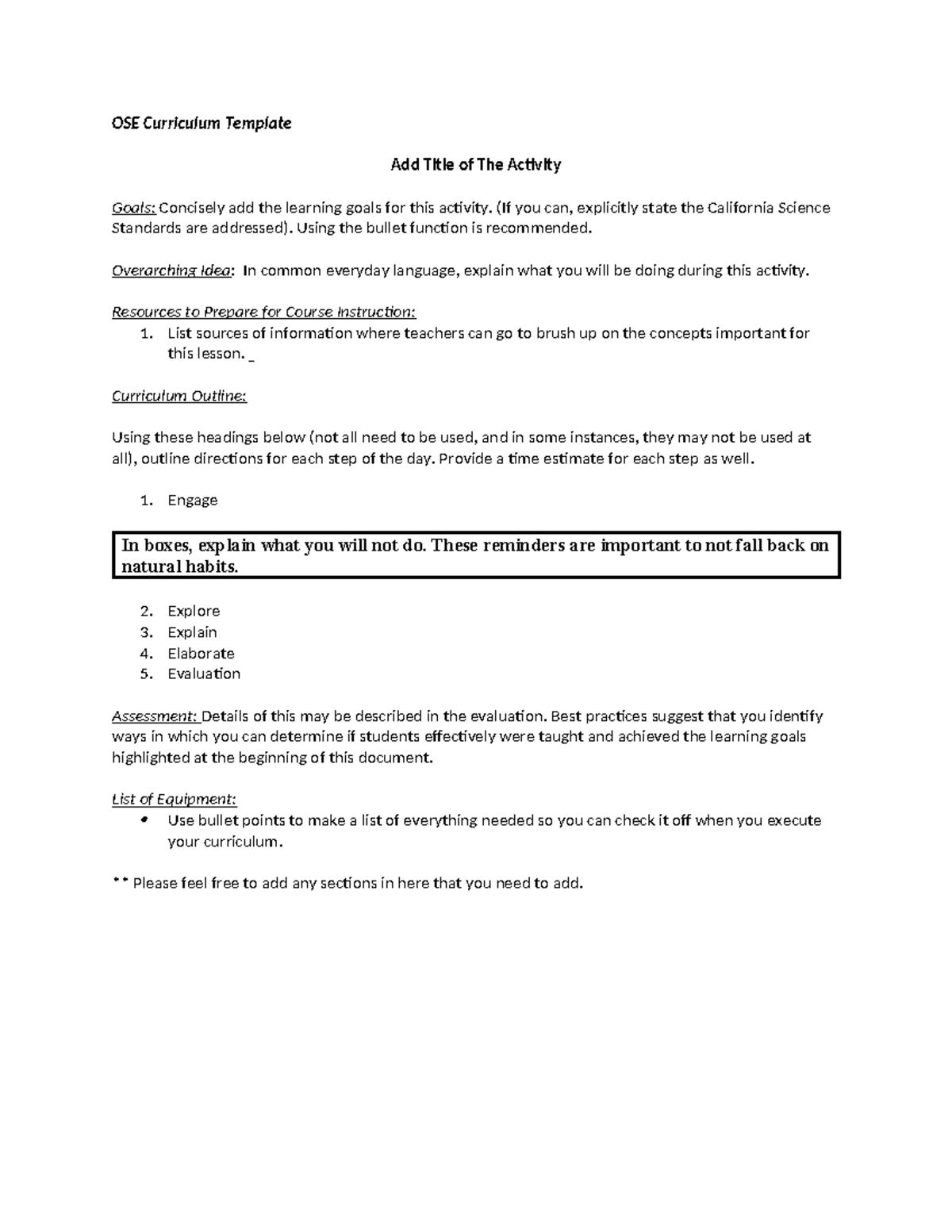 OSE Curriculum Template for Activity Planning and Implementation - Studocu