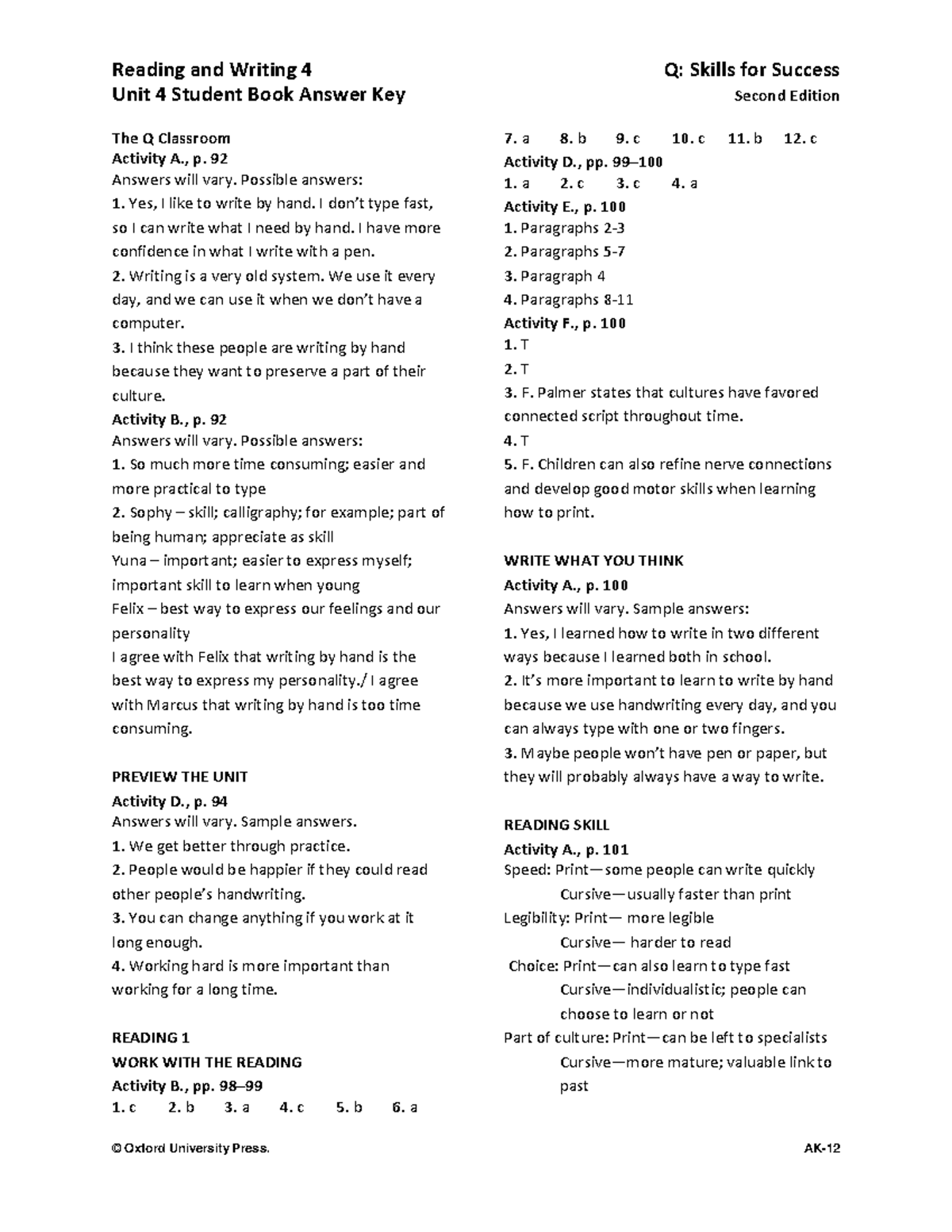 Reading and Writing 4 Unit 4 Answer Key - Q: Skills for Success - Studocu