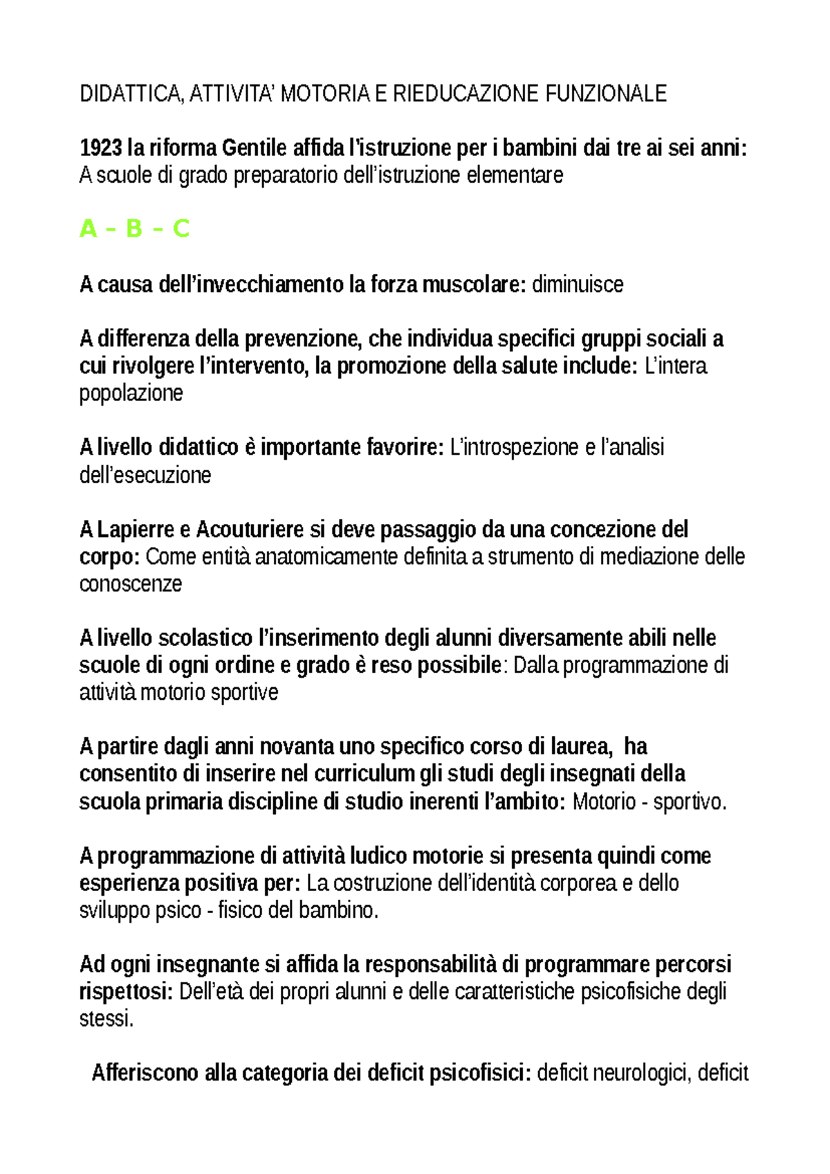 Didattica dell'Attività Motoria e Rieducazione Funzionale - Corso 1923 ...