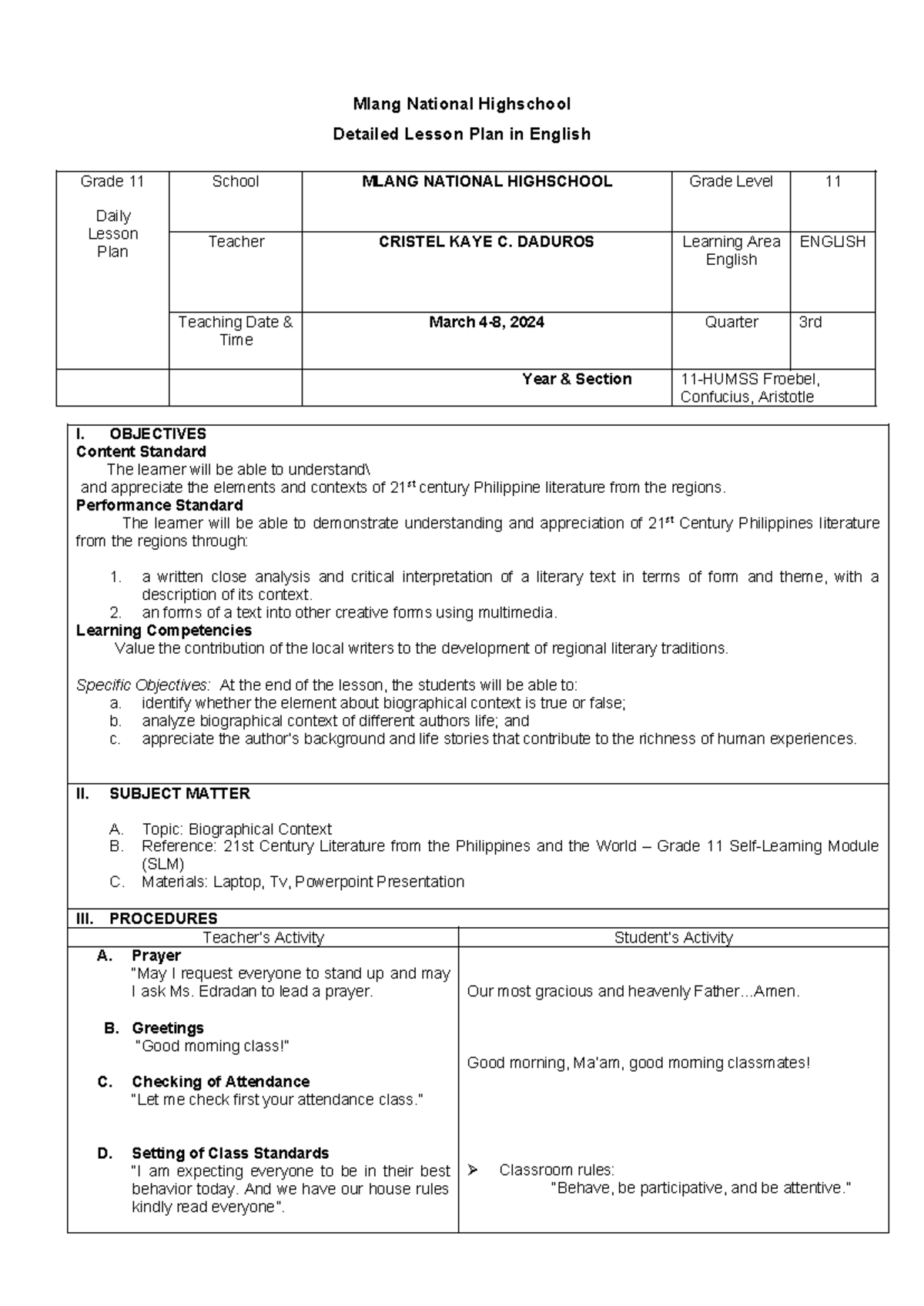 Final LP - Lesson Plan on Authors' Biographical Context in English ...