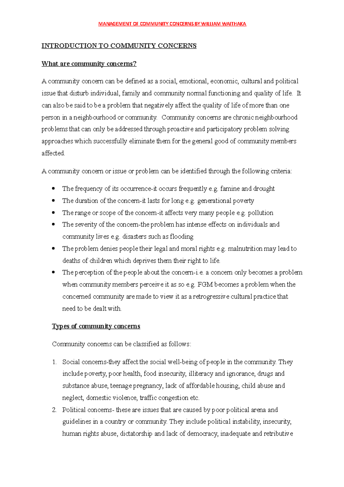 Management of Community Concerns: Comprehensive Study Notes - Studocu