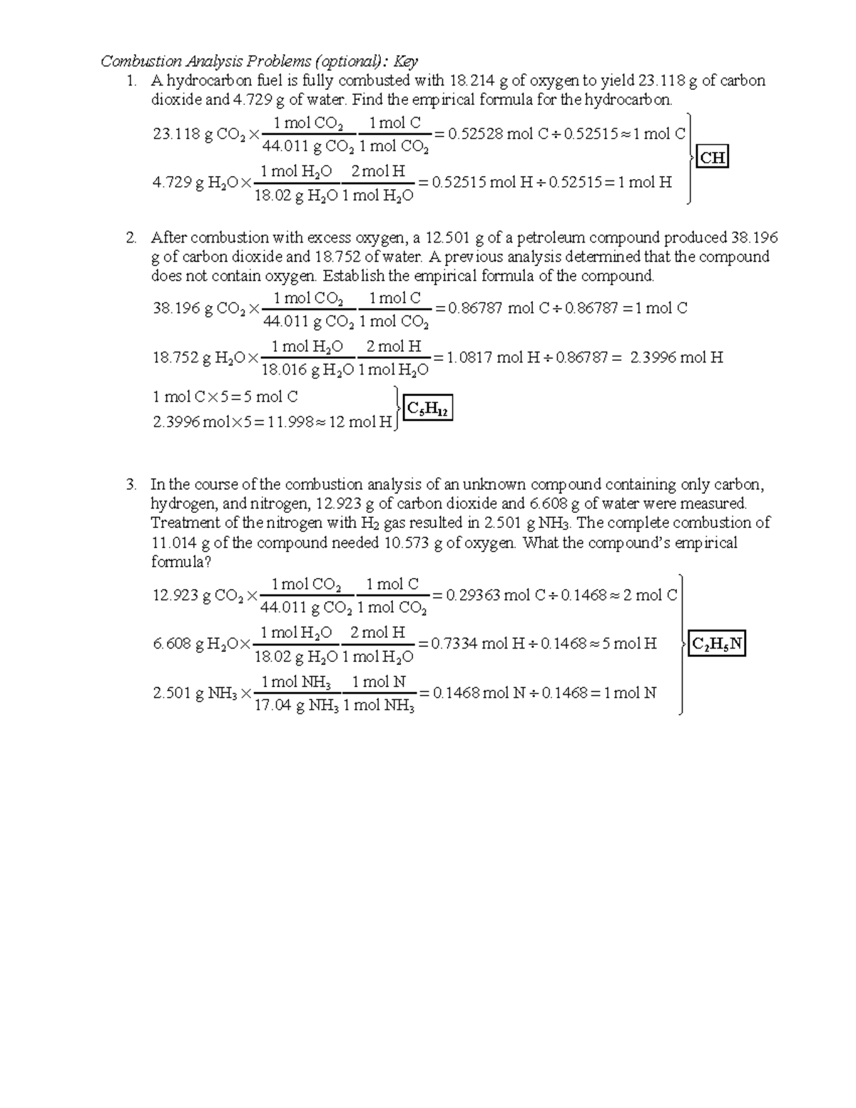 Combustion Analysis Extra Problems Key - Comprehensive Solutions and ...