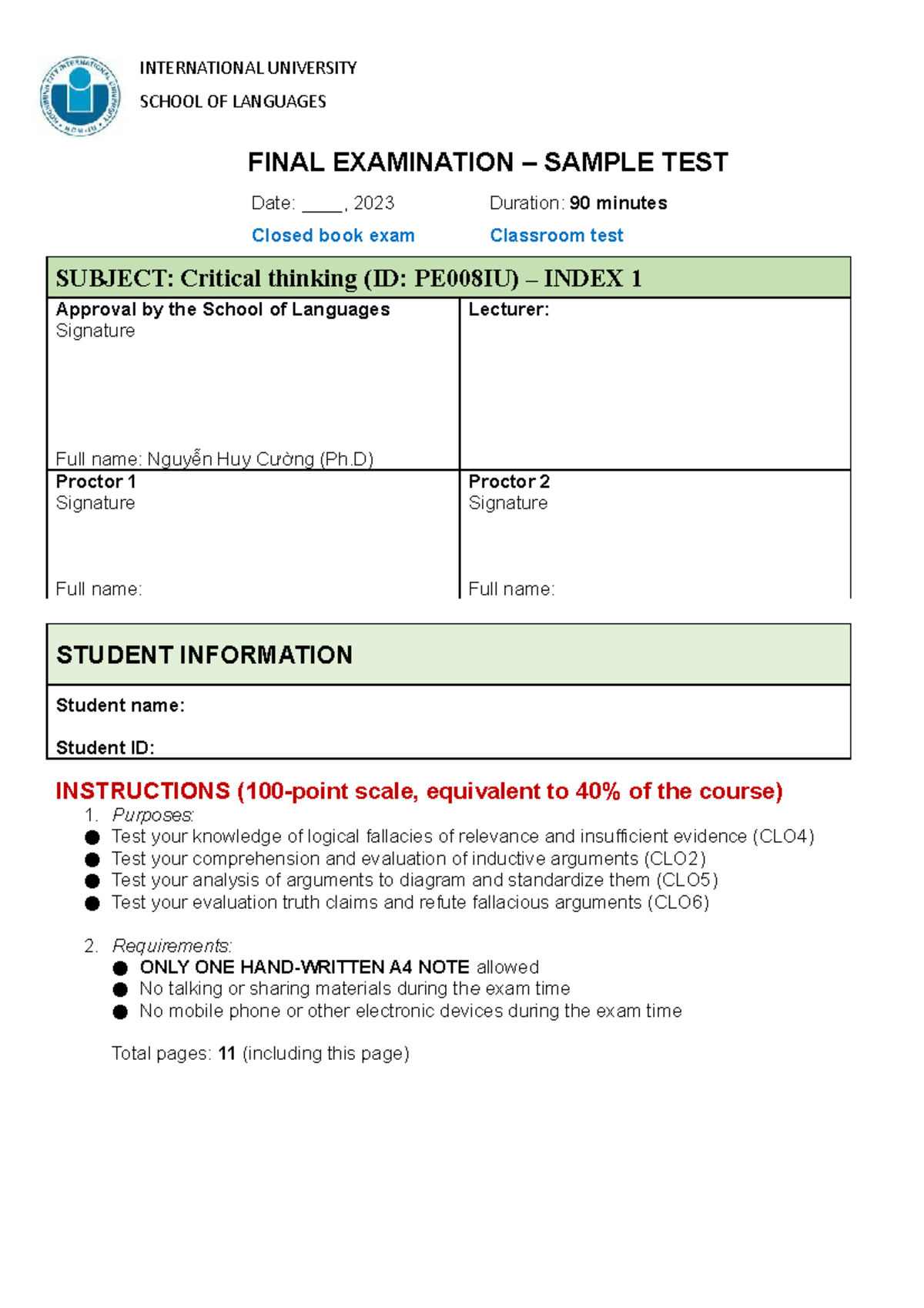 Critical Thinking PE008IU - Sample Test for Final Exam - Studocu
