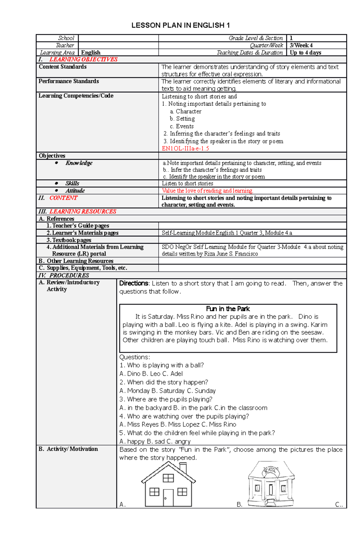 English LP 1 - LESSON PLAN IN ENGLISH 1 School Grade Level & Section 1 ...