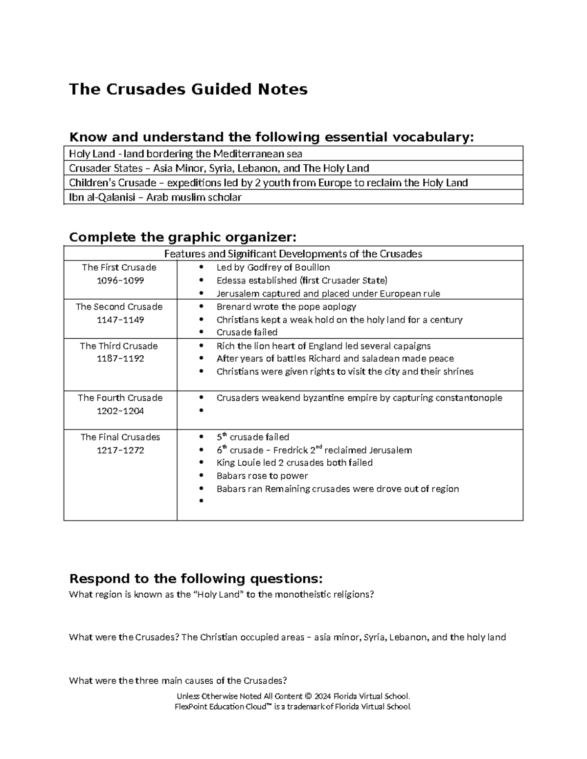 Crusades CH 1 Guided Notes: Key Events and Figures Overview - Studocu