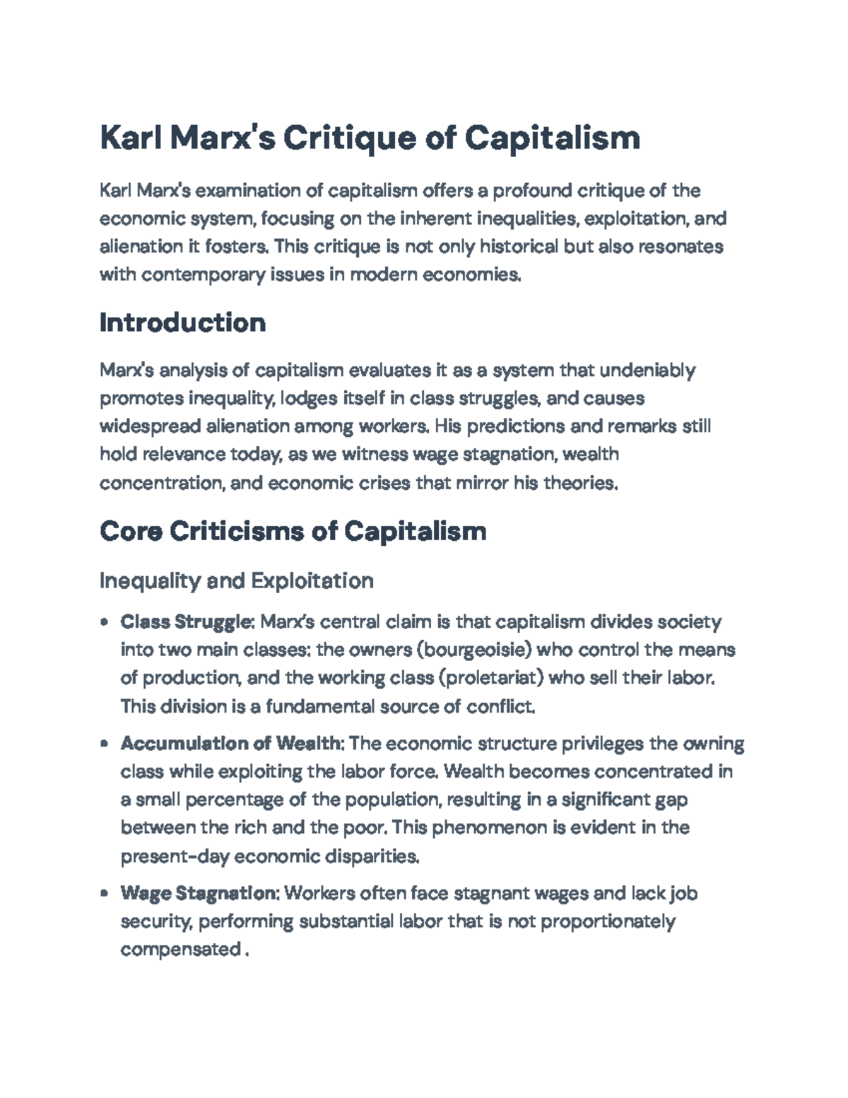 Final Exam: Marx's Critique of Capitalism and Its Modern Relevance ...