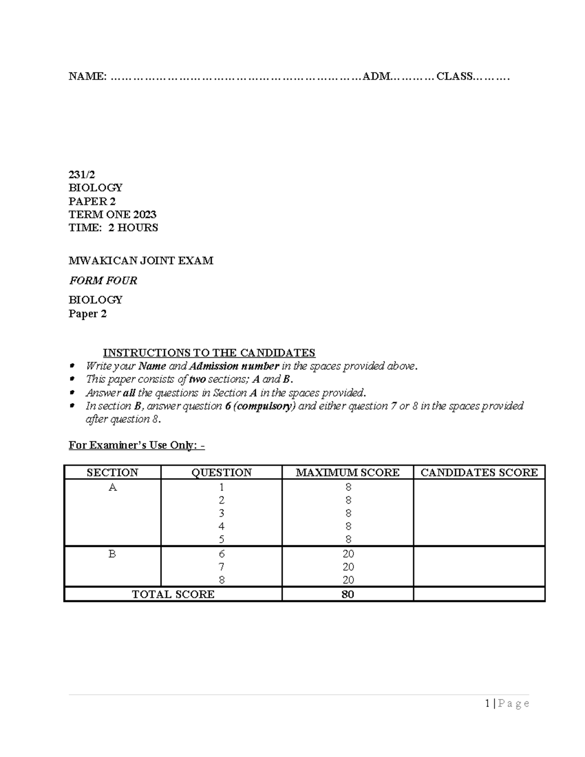 Biology FORM 4 PP2 Q - NAME: - Studocu