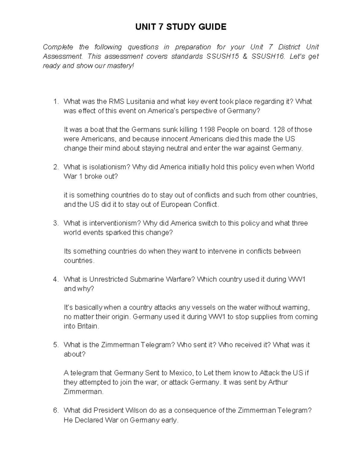 Unit 7 Study Guide - notes - Complete the following questions in ...