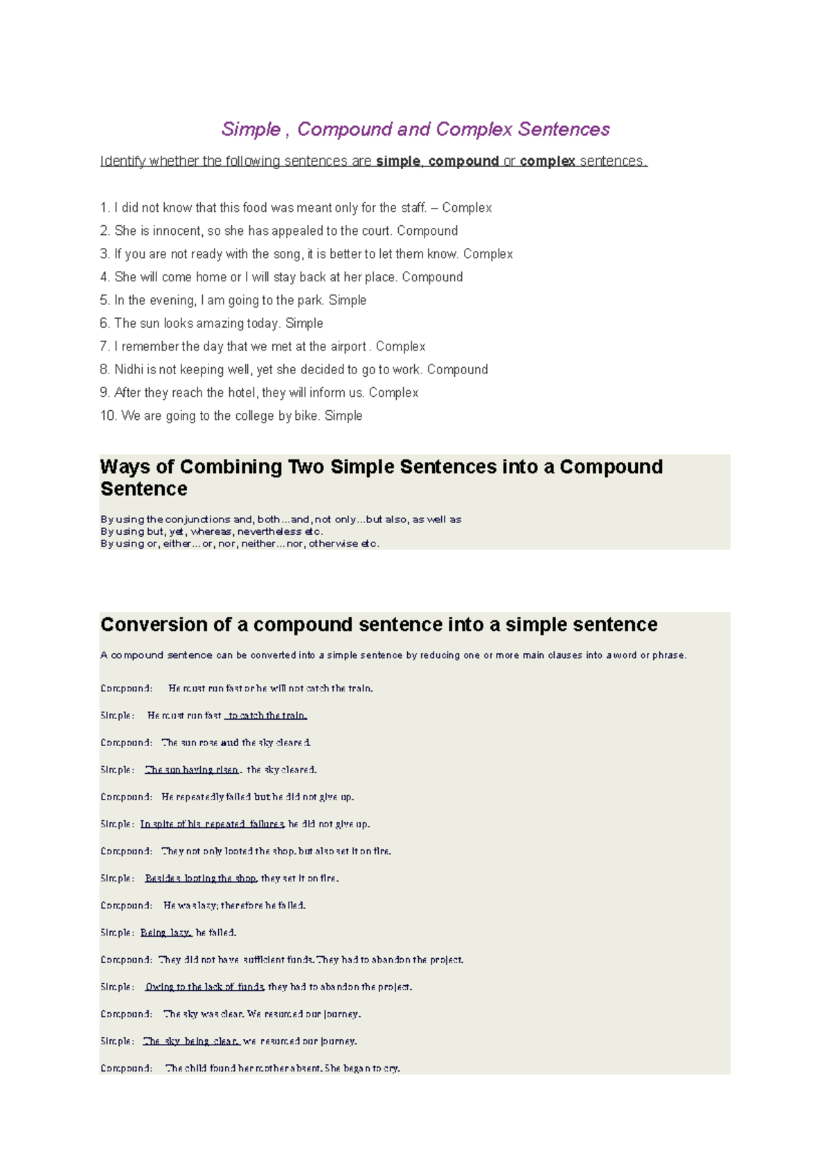 Transformation of Sentences - Simple , Compound and Complex Sentences ...