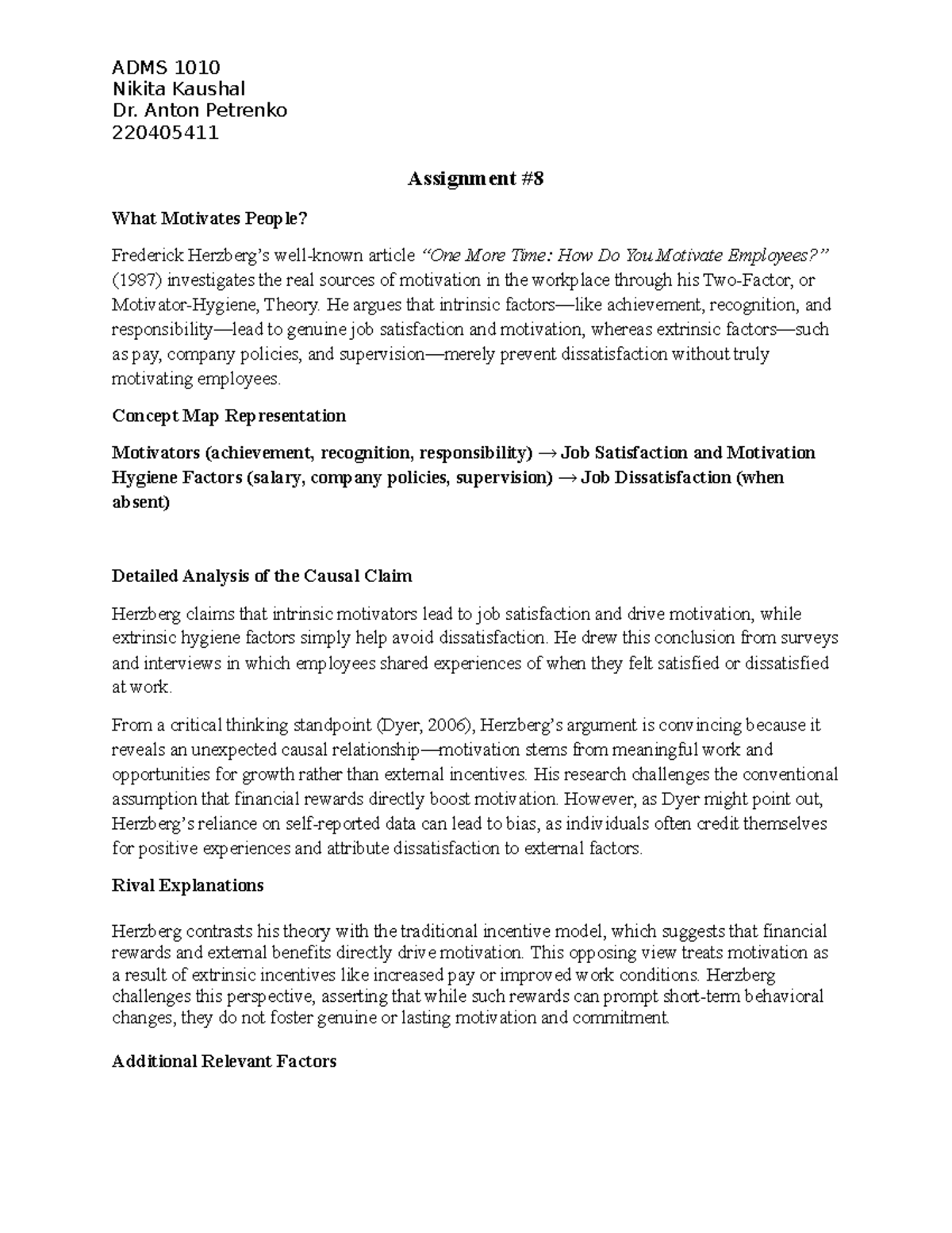 ADMS 1010 Assignment #8: Analyzing Herzberg's Motivation Theory - Studocu