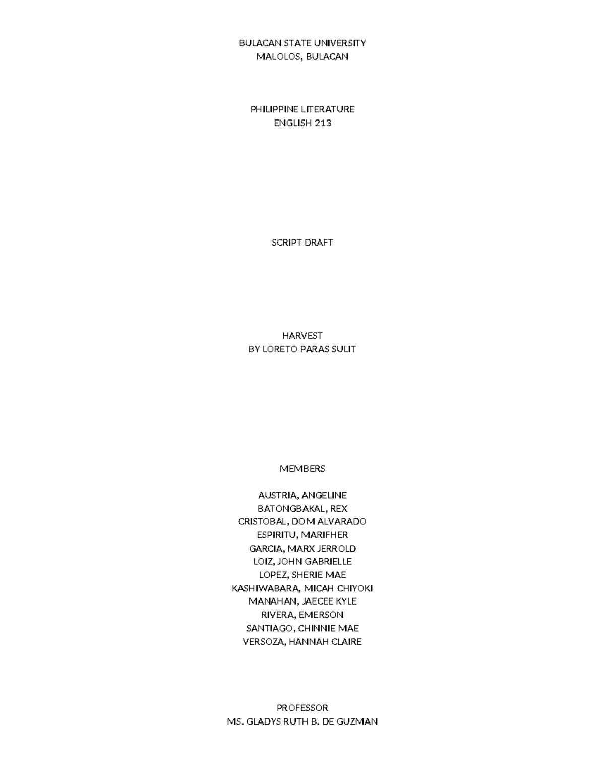 ENGL 213: Script Draft of "Harvest" by Loreto Paras Sulit - Studocu