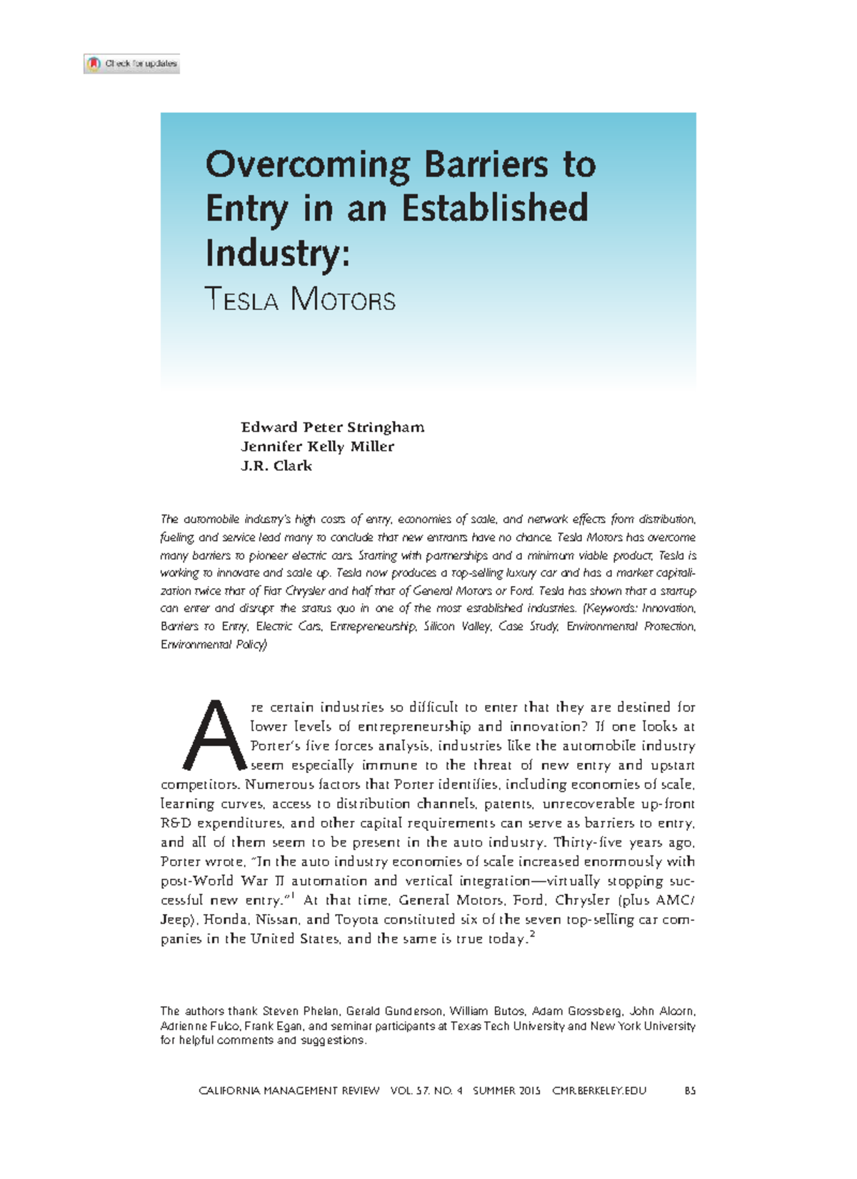 Overcoming Barriers to Entry in the Auto Industry: Tesla Motors Case ...