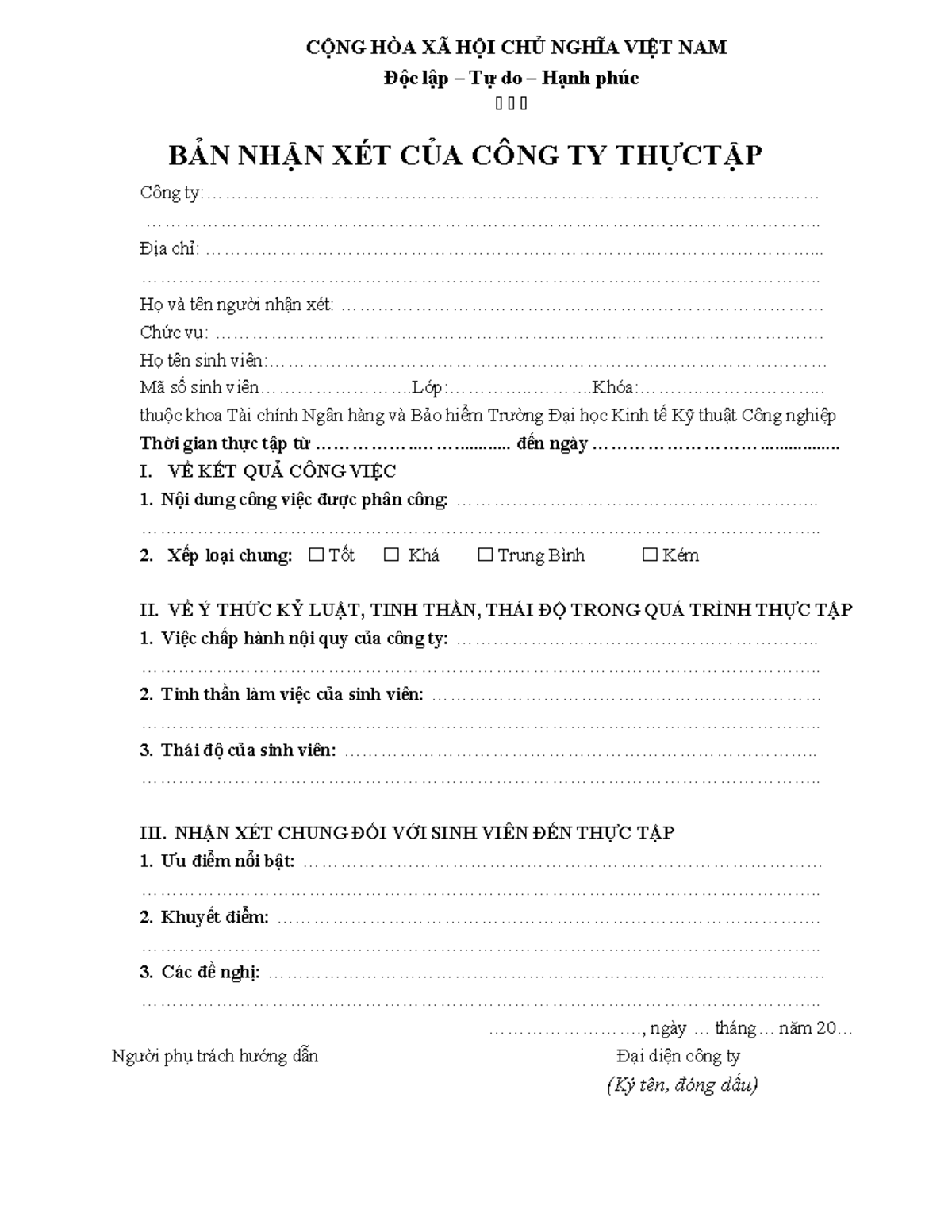 Mẫu Nhận Xét Thực Tập Công Ty - Khoa TCNH & BH - Studocu