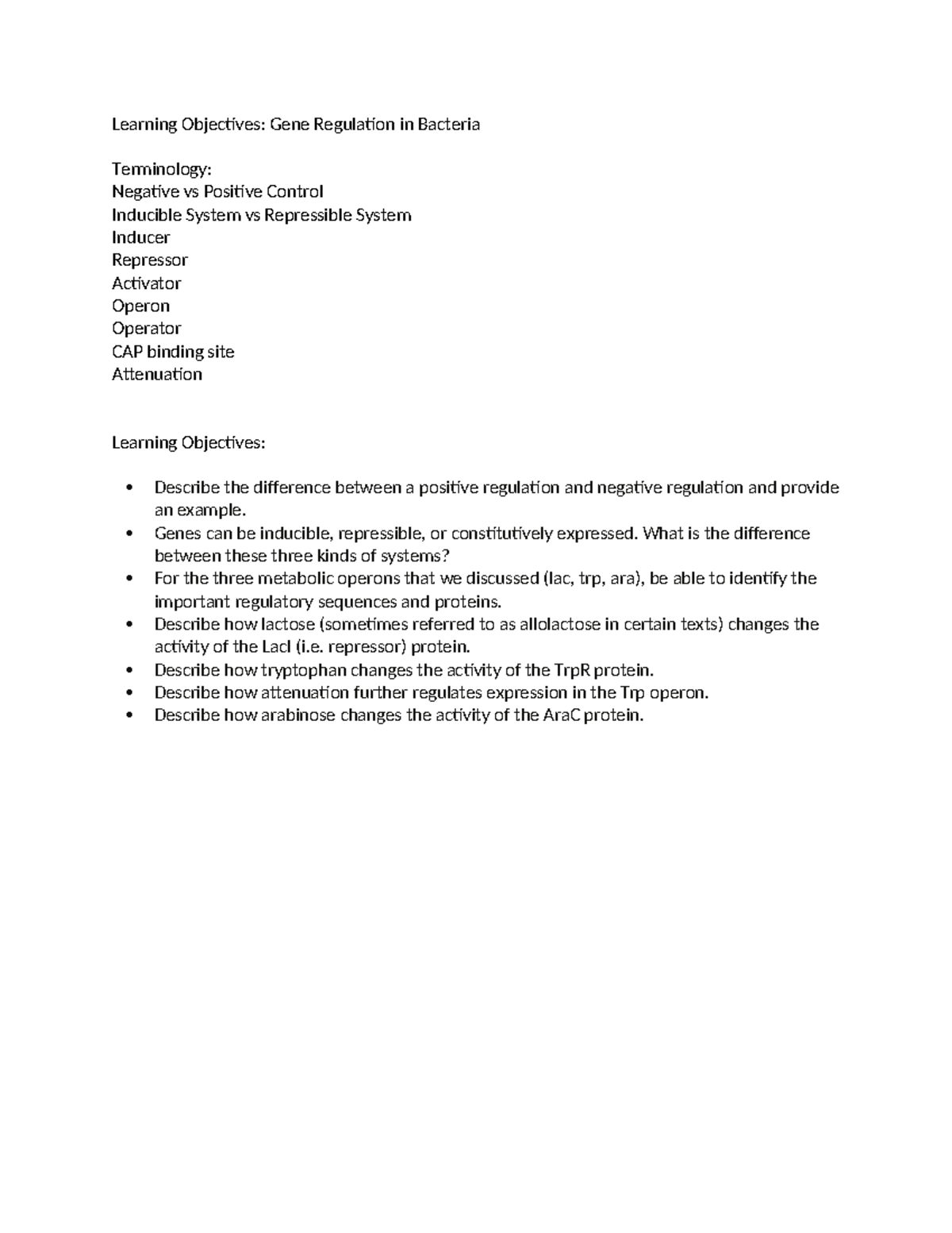 Gene Regulation in Bacteria: Learning Objectives (BIO 101) - Studocu
