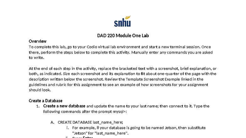 DAD 220 Module 1 Lab: Creating a Database and Table in MySQL - Studocu