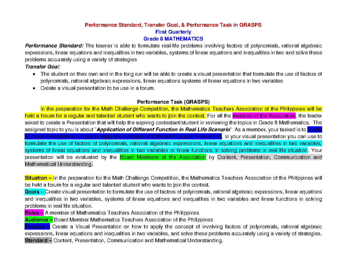 Grade 8 MATH Final Exam Performance Task on Functions in Real Life - Studocu