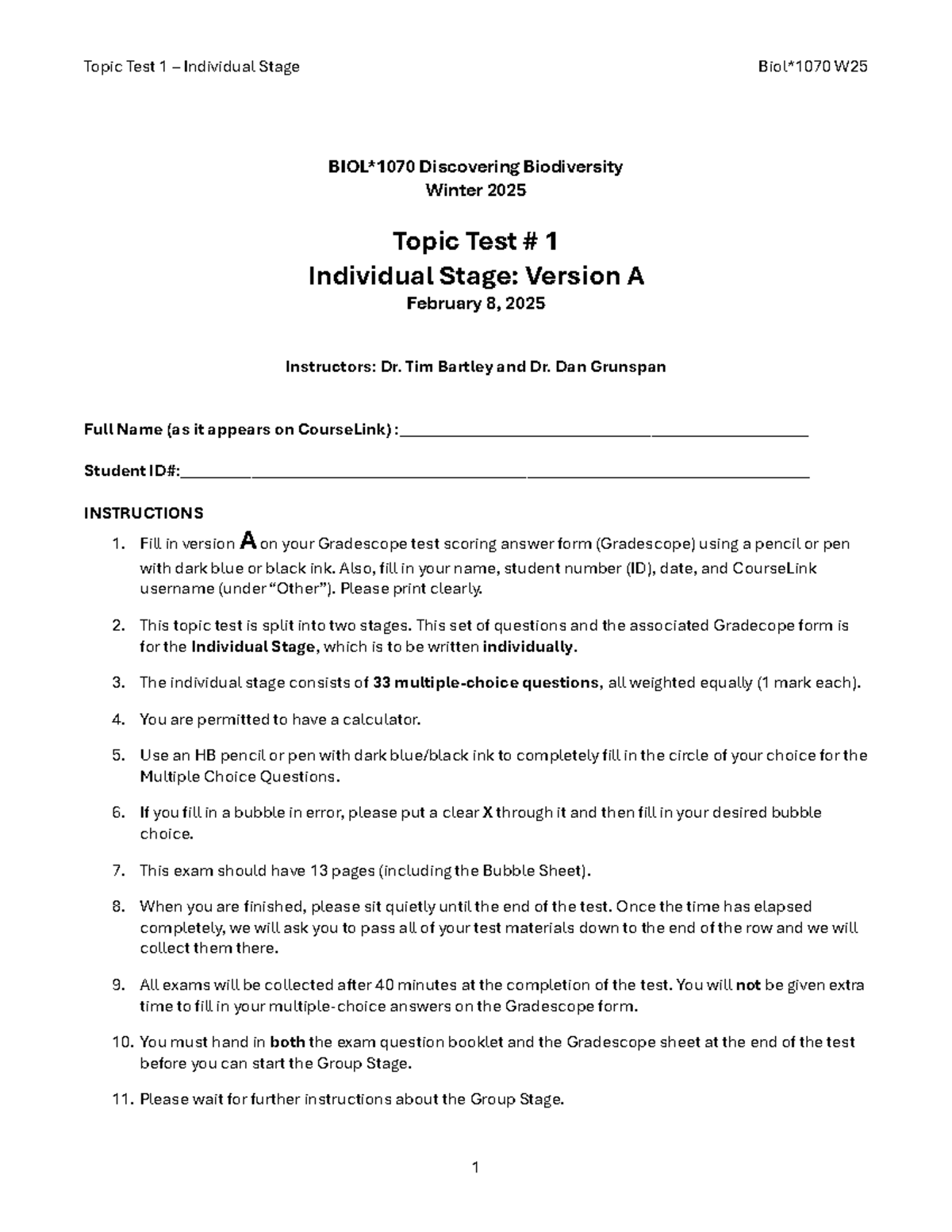 Individual Stage - Topic Test 1 - BIOL 1070 W25 - Version A Answers ...