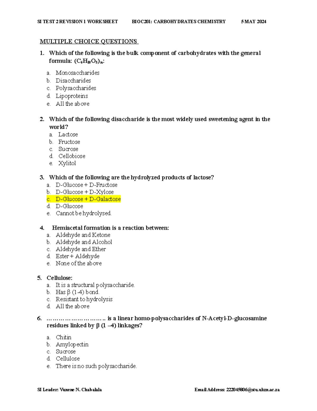 BIOC201: Test 2 Revision Worksheet on Carbohydrates - May 2024 - Studocu