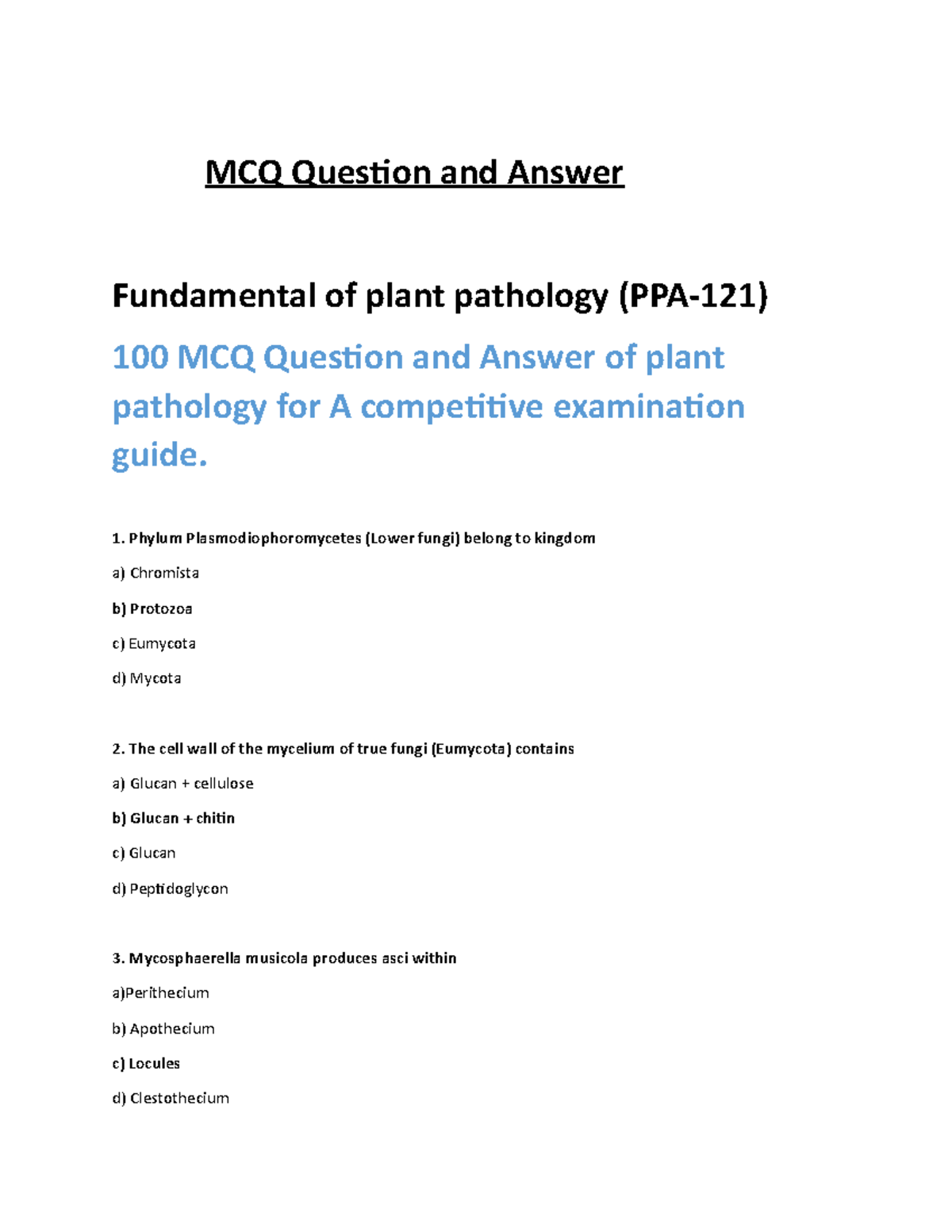 100 MCQs on Plant Pathology (PPA-121) for Competitive Exams - Studocu