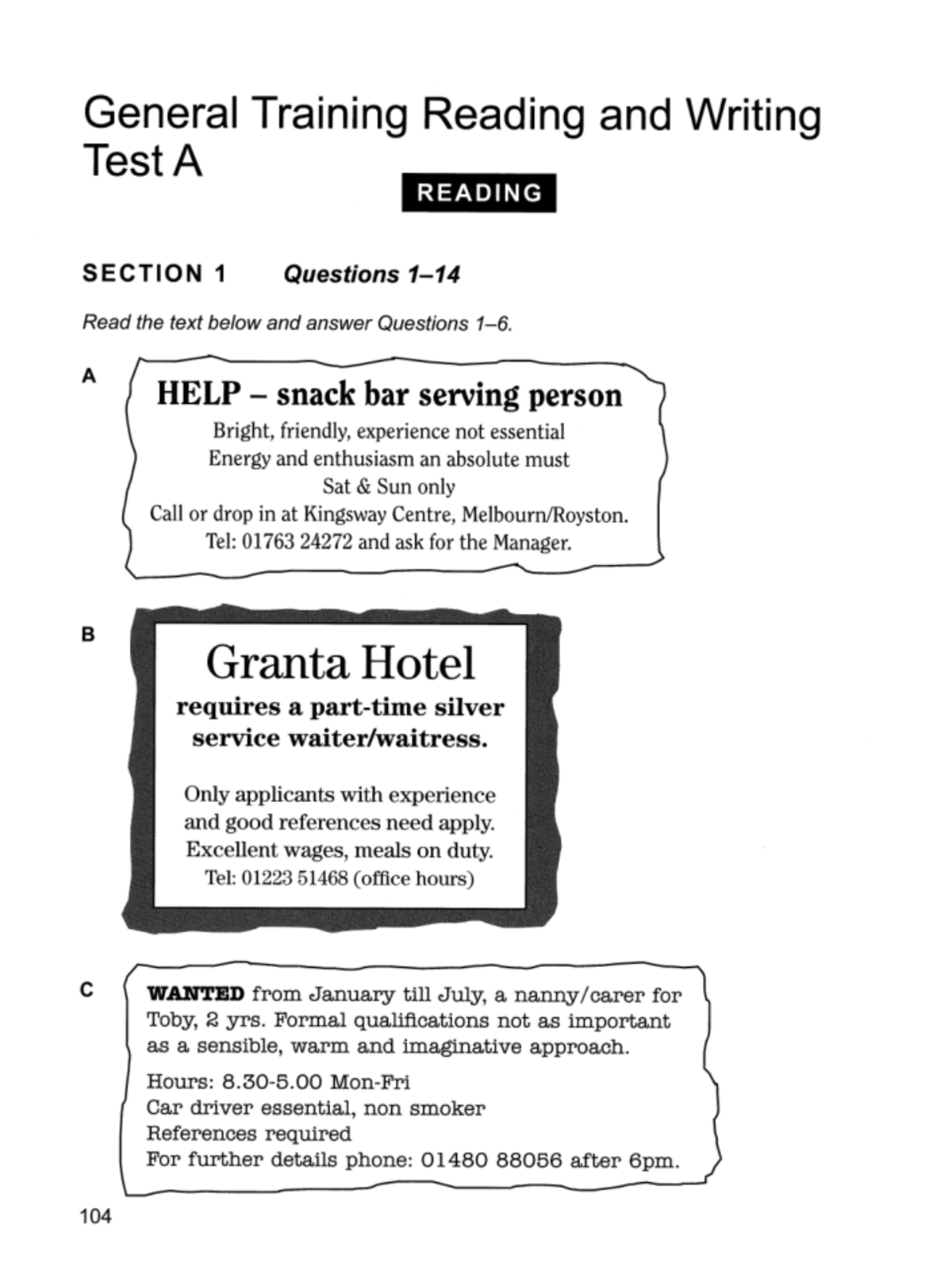 General Training Reading & Writing Test A: Matching Info & Questions ...