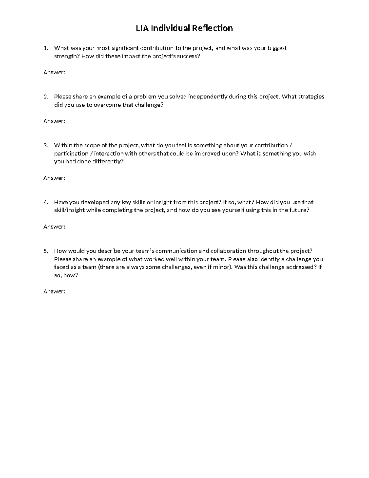 LIA Project Individual Reflection: Key Contributions & Insights - Studocu