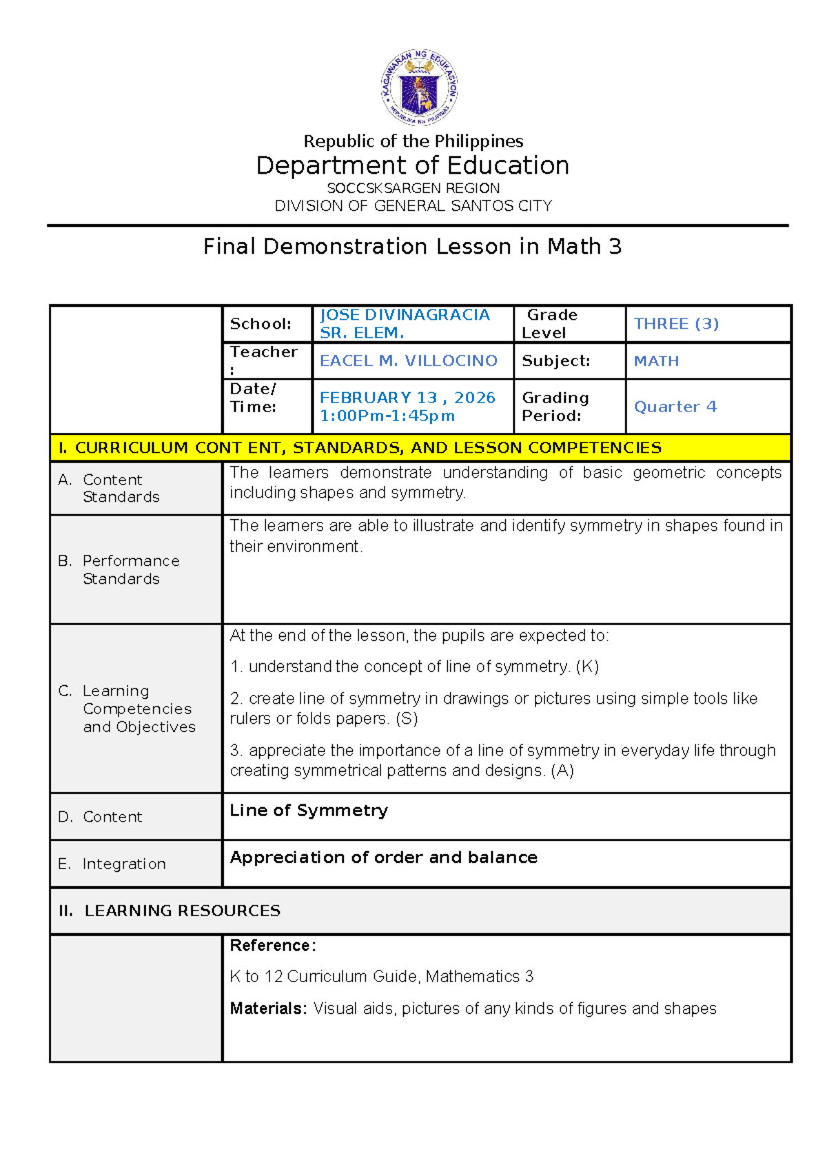 MATH 3 Final Demonstration Lesson: Understanding Line of Symmetry - Studocu