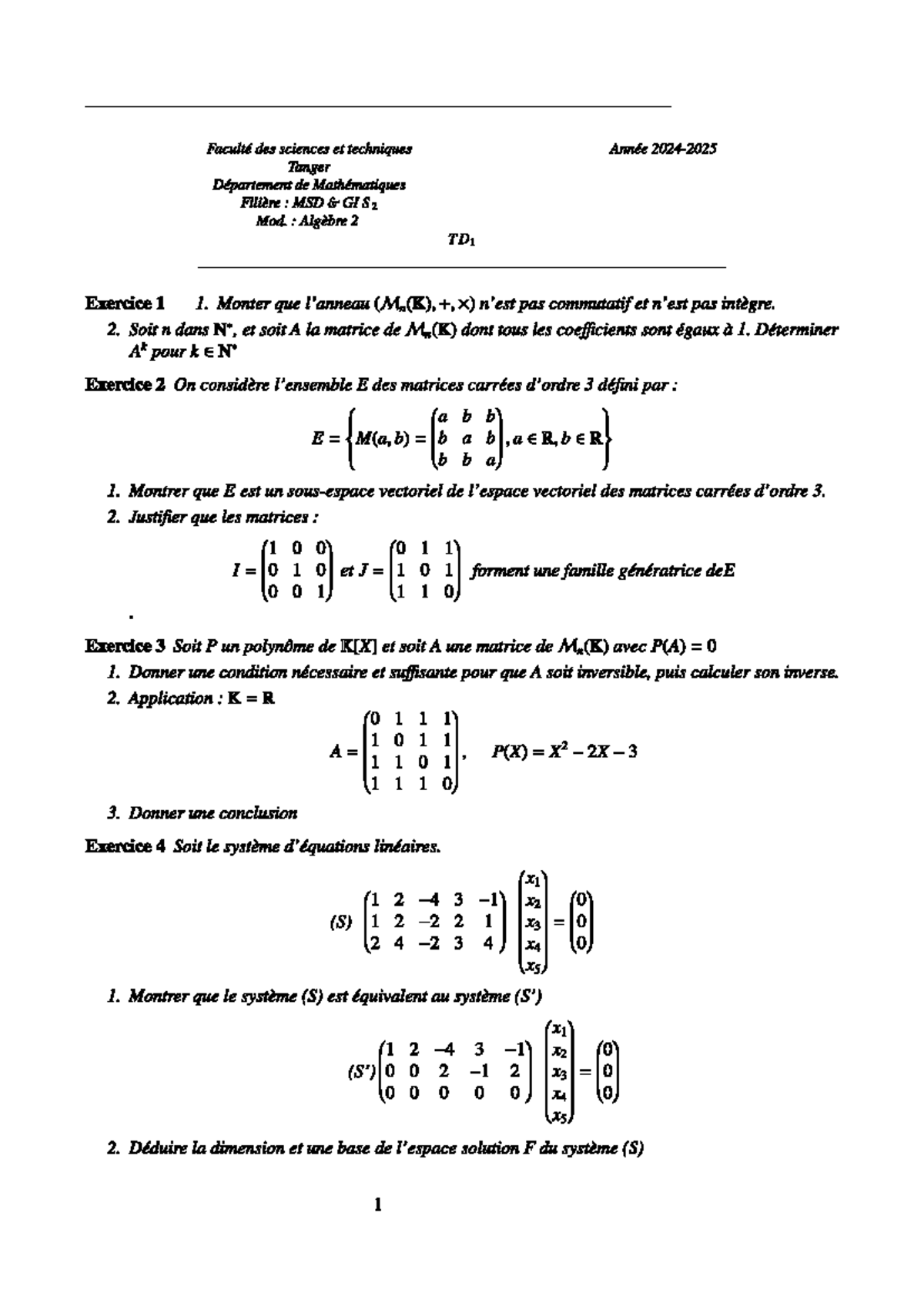 Algèbre 2 TD exercices sur les matrices et les polynômes - MSD GI S2 ...