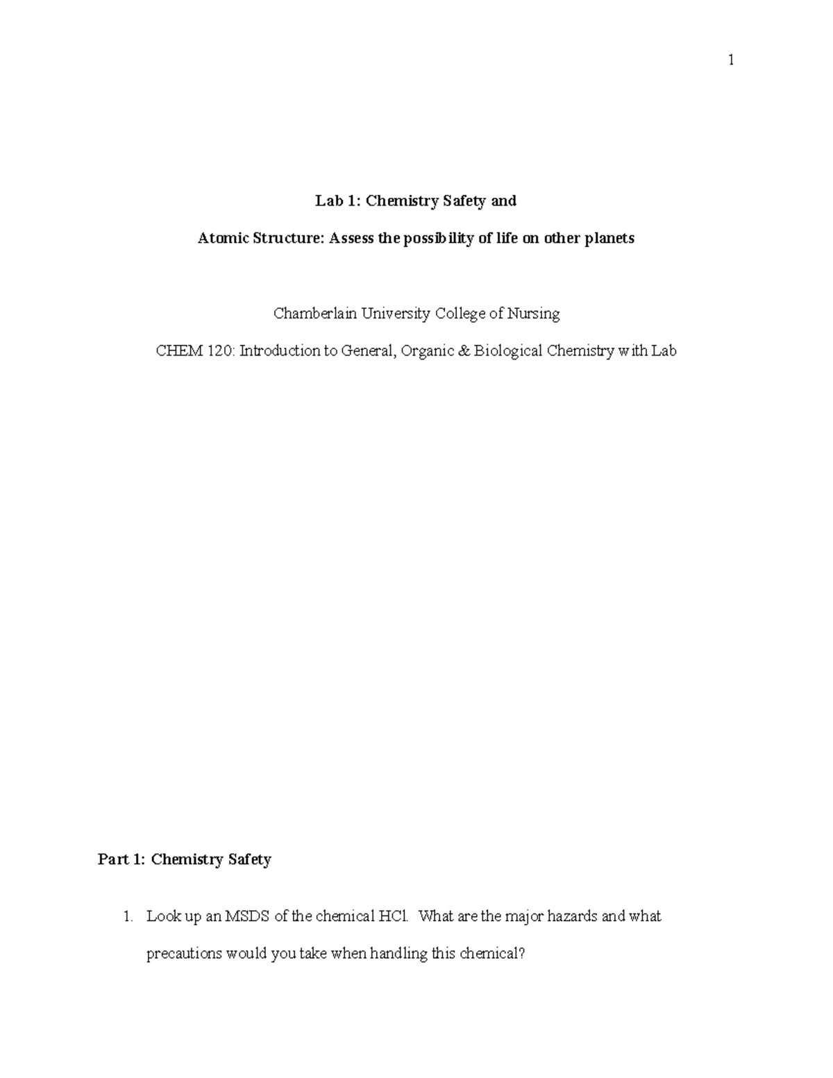 CHEM 120 Lab 1 Lab Report - Lab 1: Chemistry Safety and Atomic ...