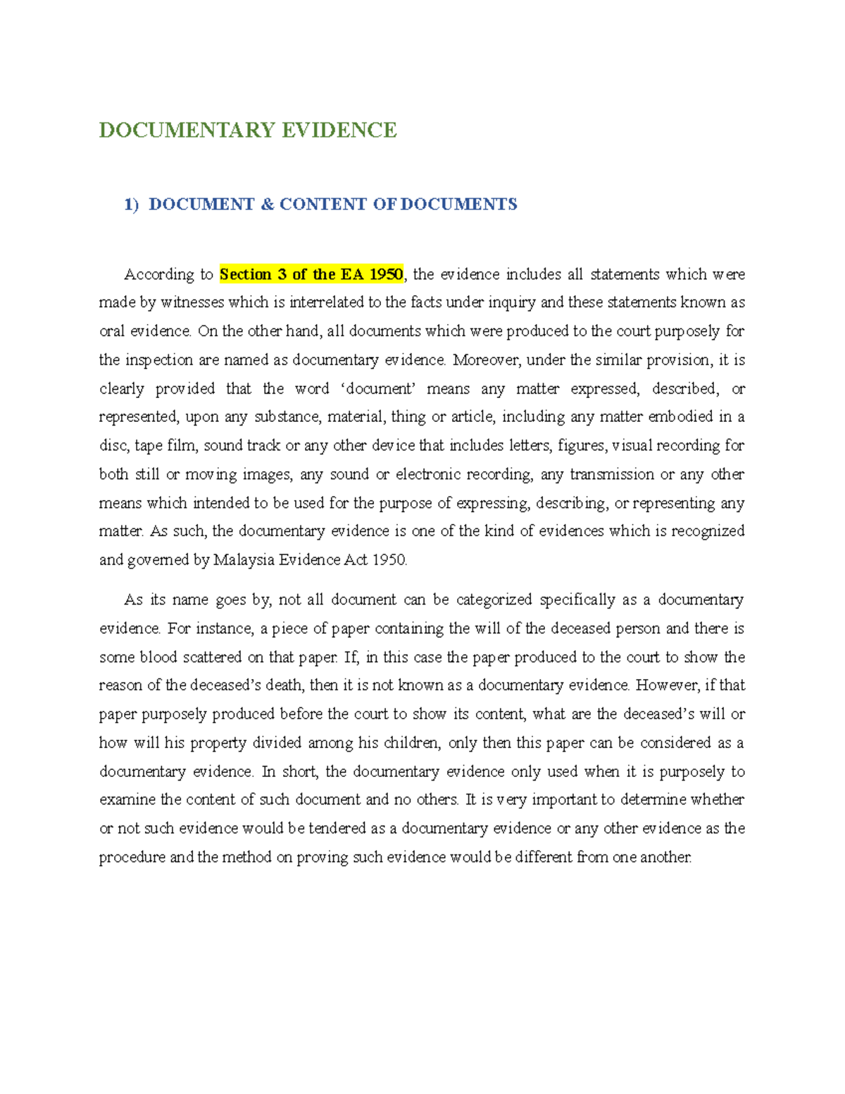 Evidence Summaries: Understanding Documentary Evidence in Law - Studocu