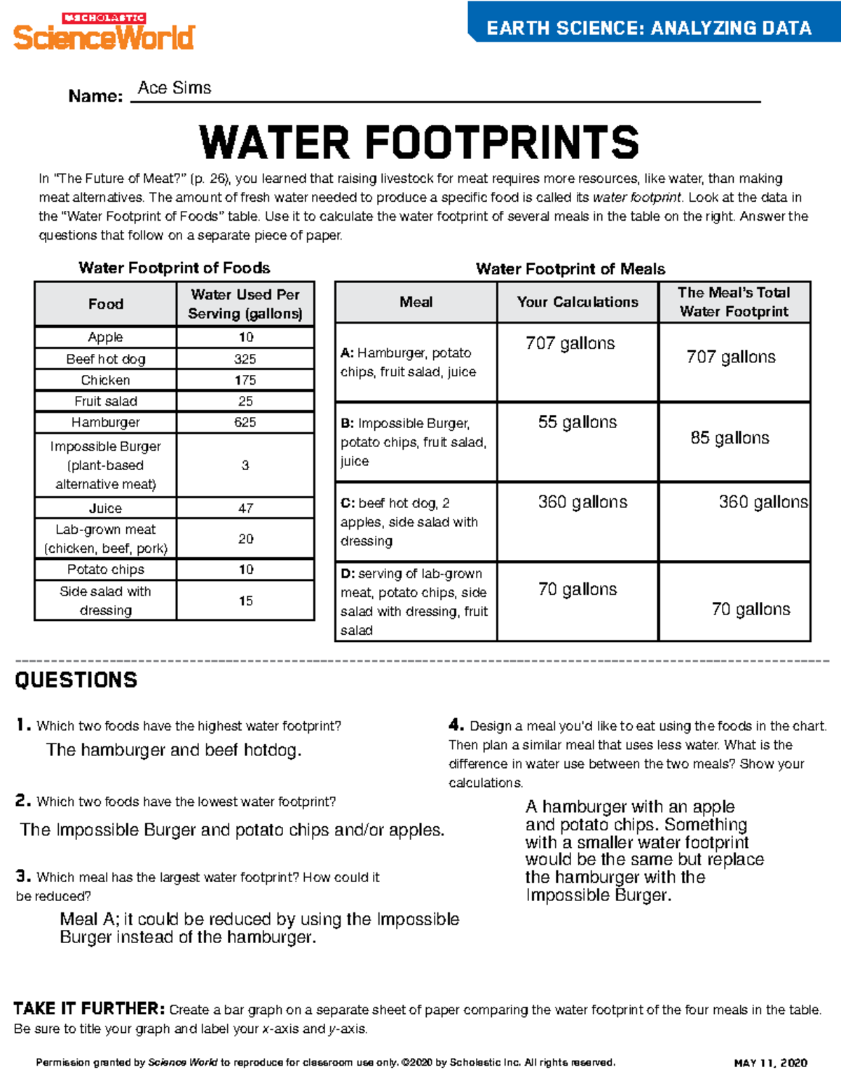 Water Footprints Worksheet for Earth Science (Science World) - Studocu