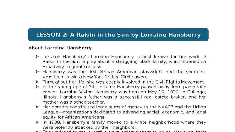 English 9 Q2 Lesson 2: A Raisin in the Sun Overview - Studocu