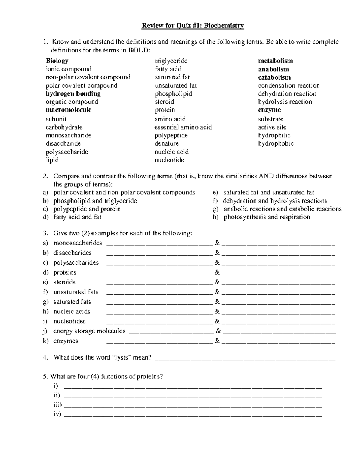 Biochemistry 01 Quiz Review: Key Terms & Concepts - Feb 2015 - Studocu