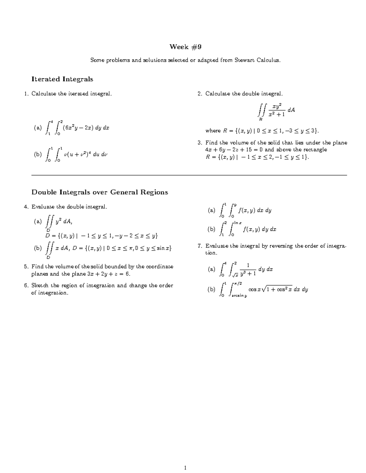 Week 09 Calculus Practice Problems: Double Integrals and Solutions ...