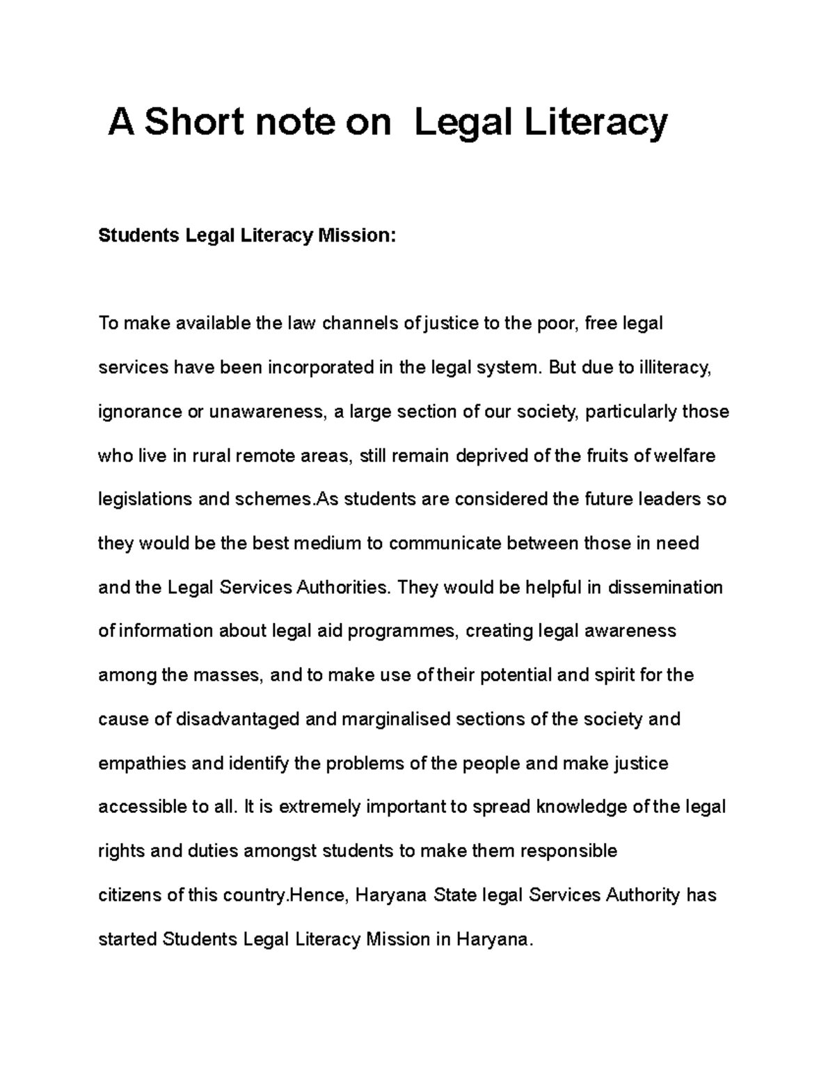 A Short note on Legal Literacy - A Short note on Legal Literacy ...