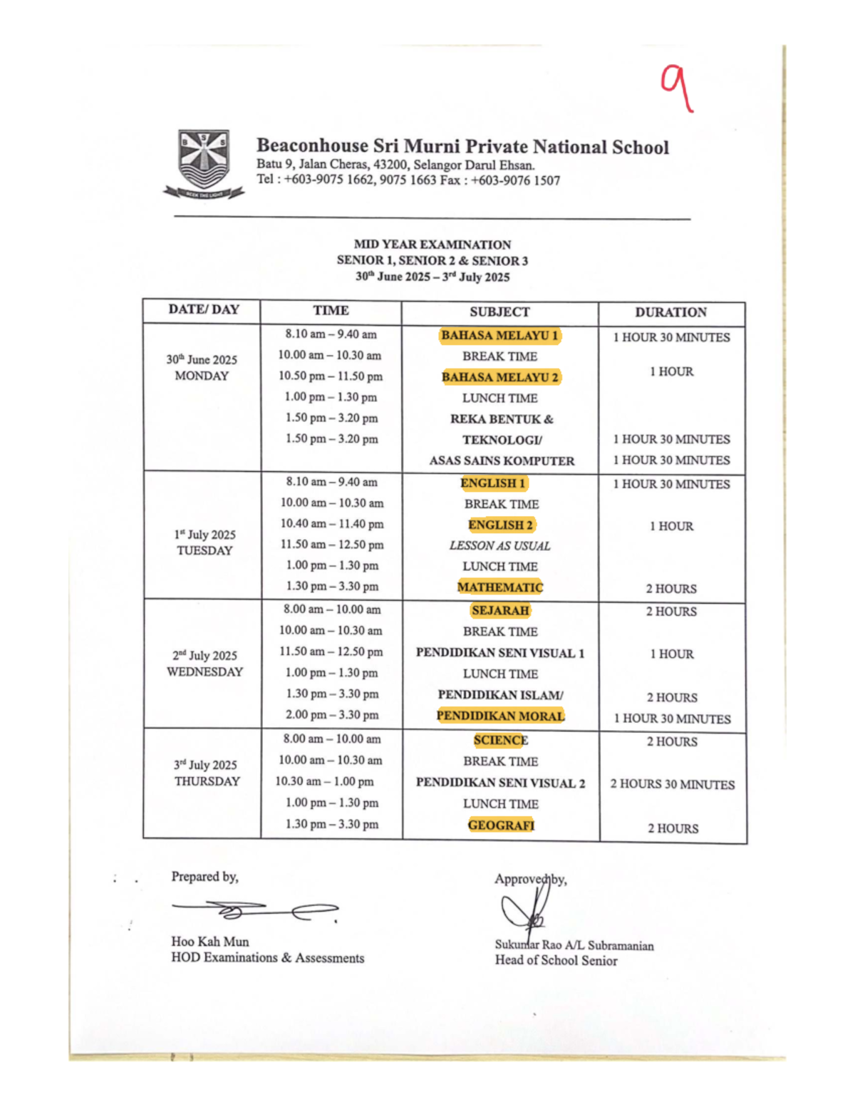 Mid Year Exam Timetable for Senior 1, 2 & 3 - 2025 - Studocu