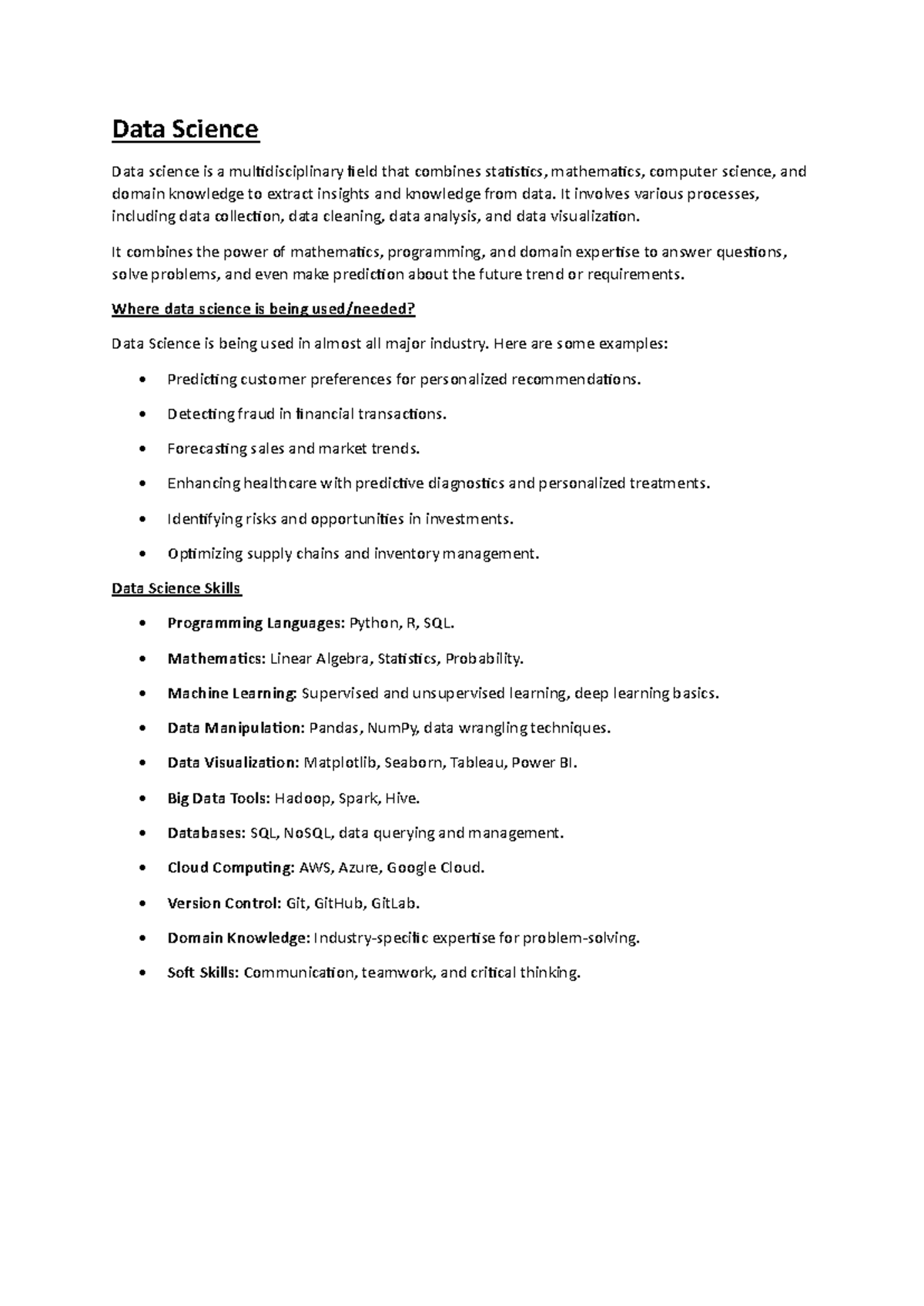 Data Science (DS101): Introduction to Key Concepts and Skills - Studocu