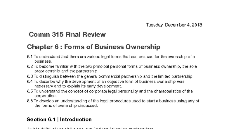 Comm 315 Final Review: Chapter 6 - Forms of Business Ownership - Studocu