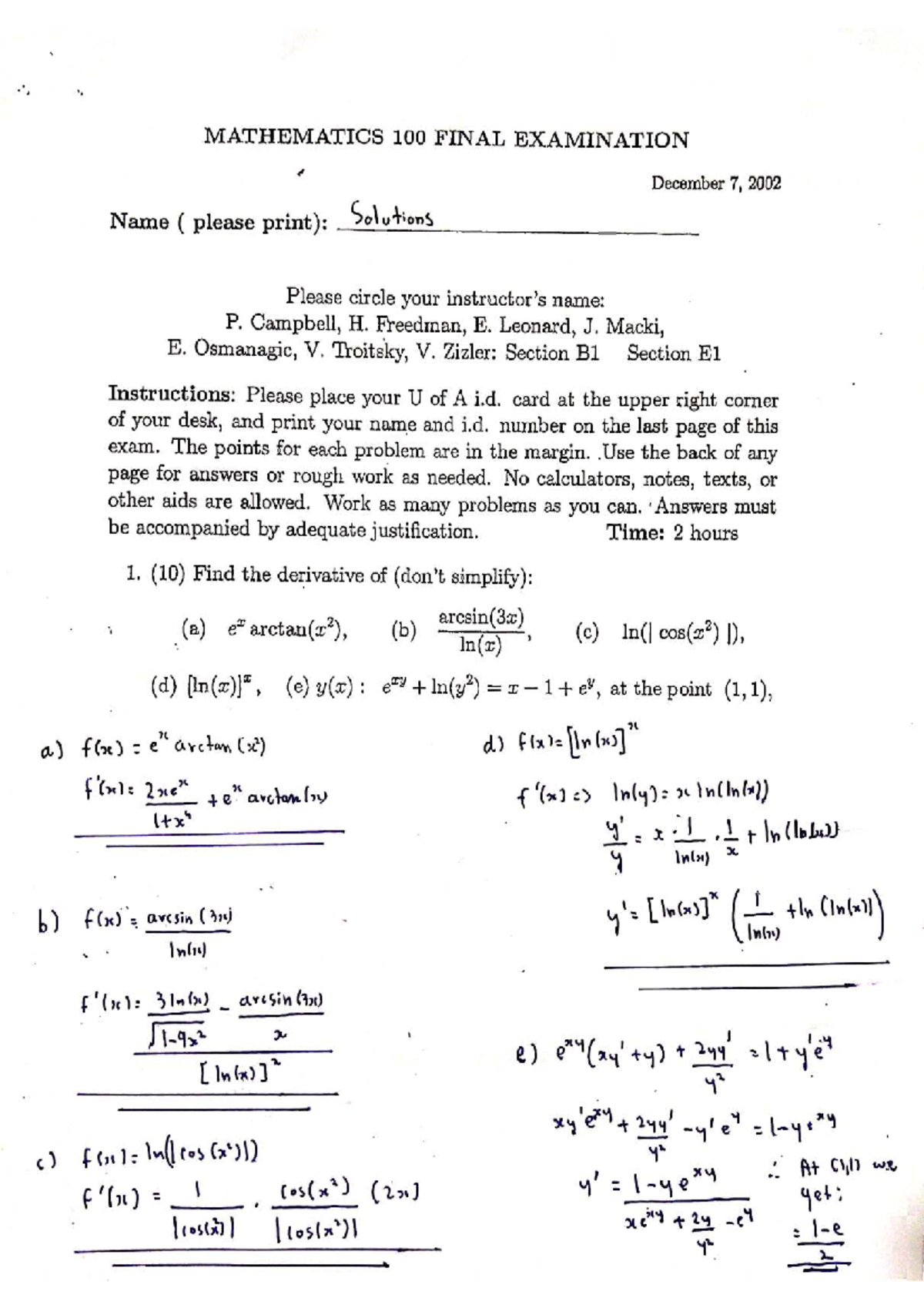MATH 100 FINAL EXAM SOLUTIONS - FALL 2002 - Studocu