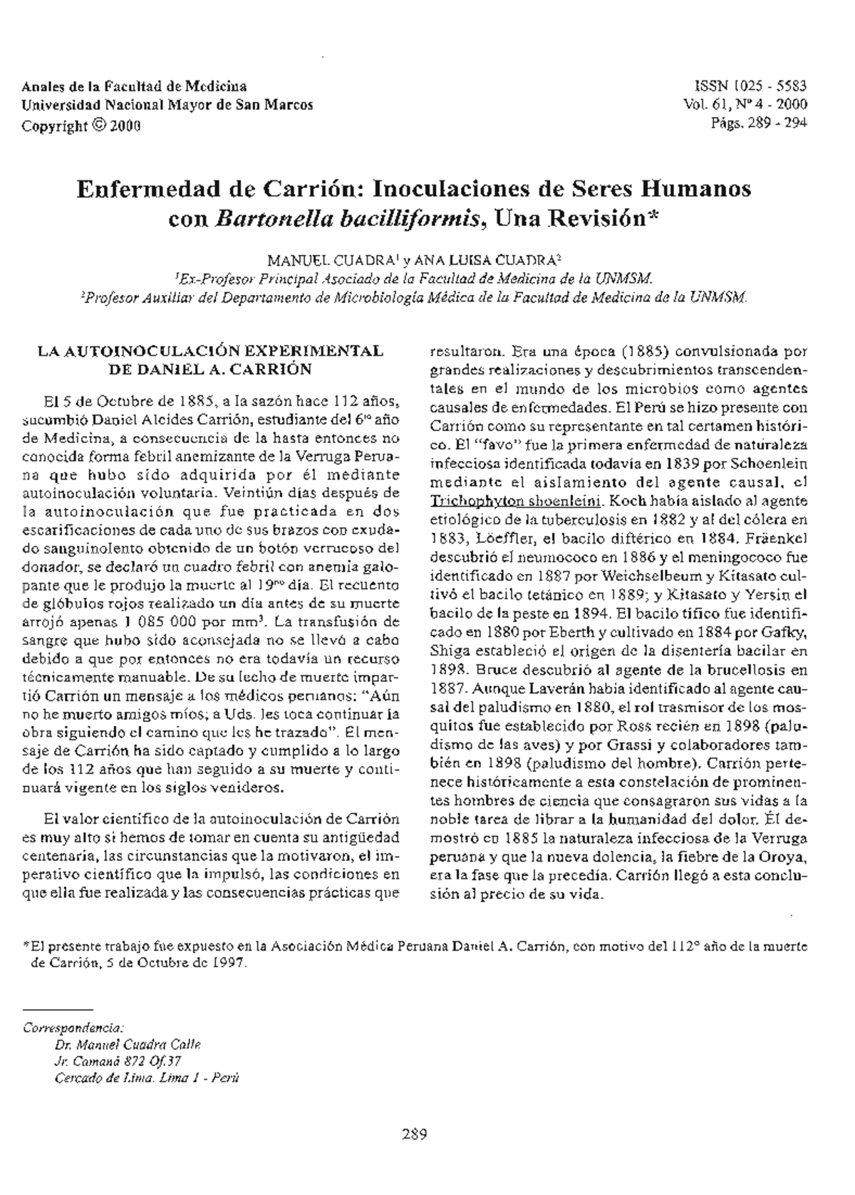 Estudio sobre la Enfermedad de Carrión y la Autoinoculación Humana - FM ...